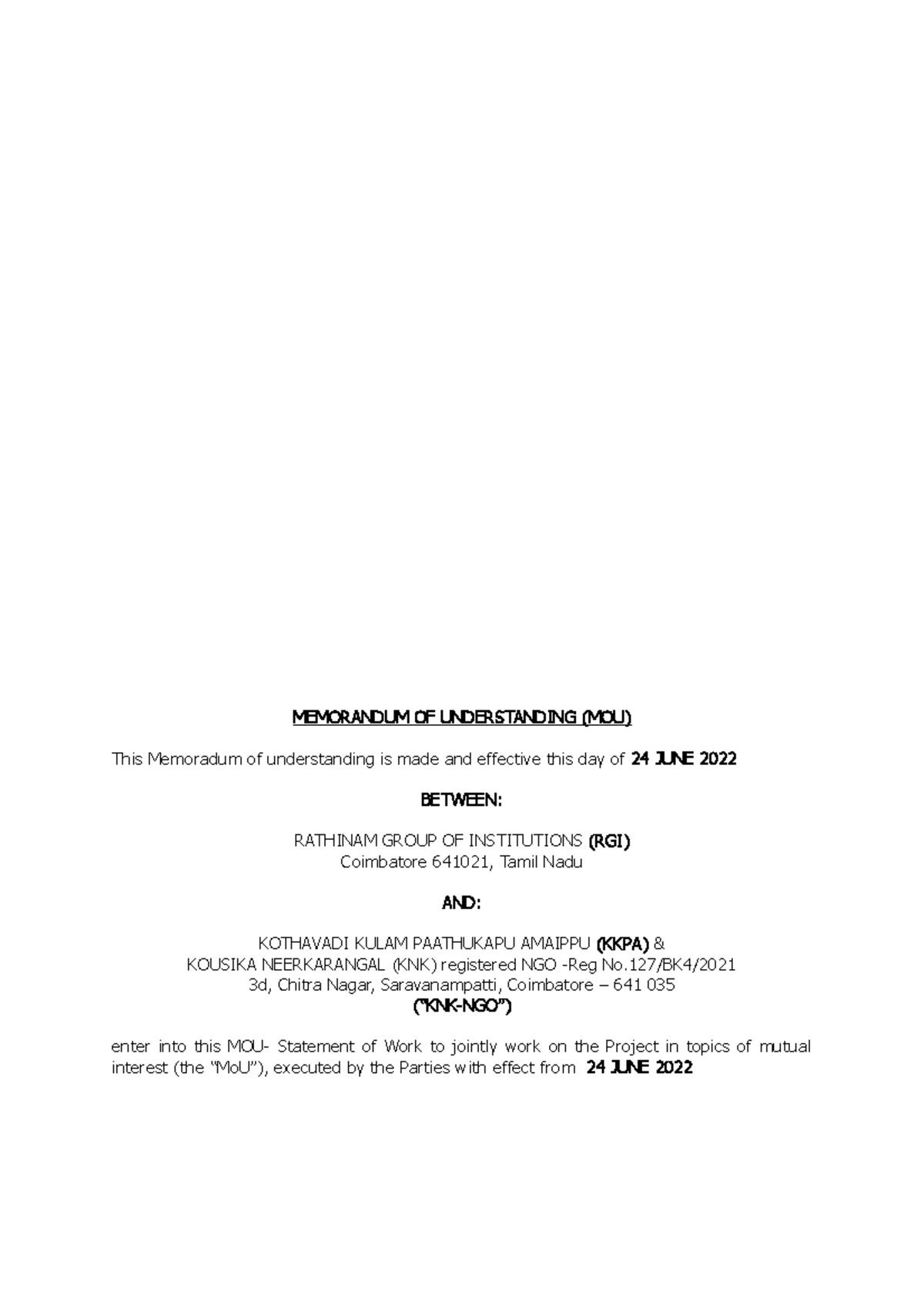 KCT MOU Draft - Rathinam College n EW - MEMORANDUM OF UNDERSTANDING ...