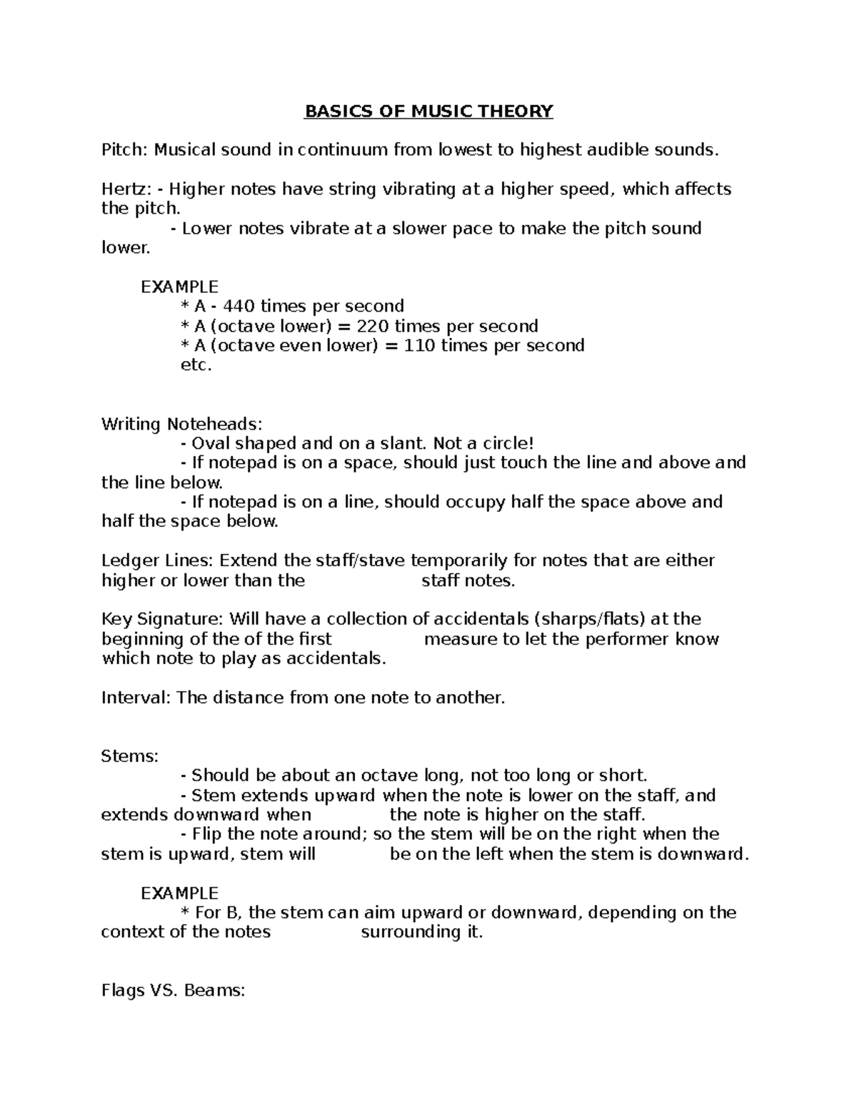 Basic Music Theory Notes - BASICS OF MUSIC THEORY Pitch: Musical sound ...