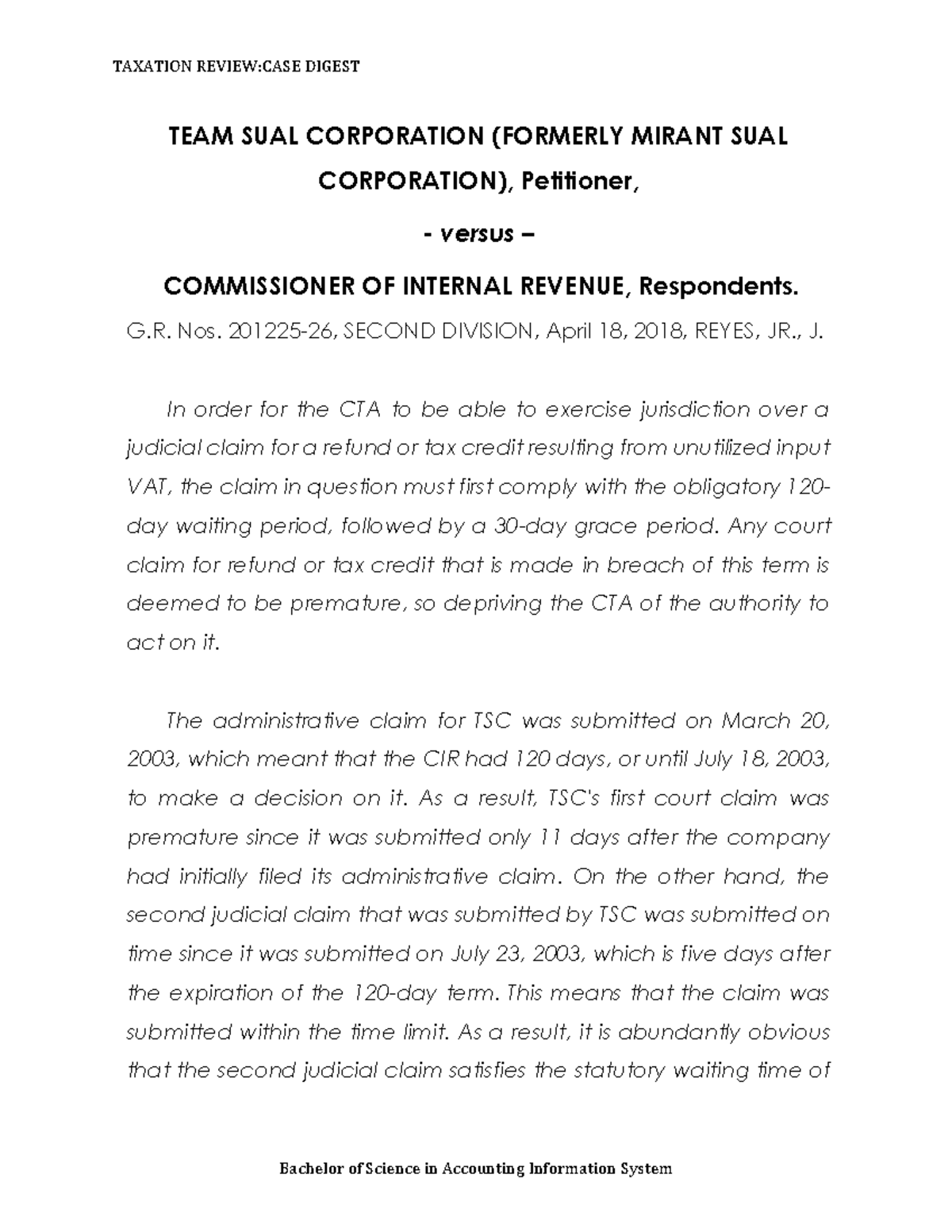 Summaries FOR Taxation CASE Digest 4 - TEAM SUAL CORPORATION (FORMERLY ...