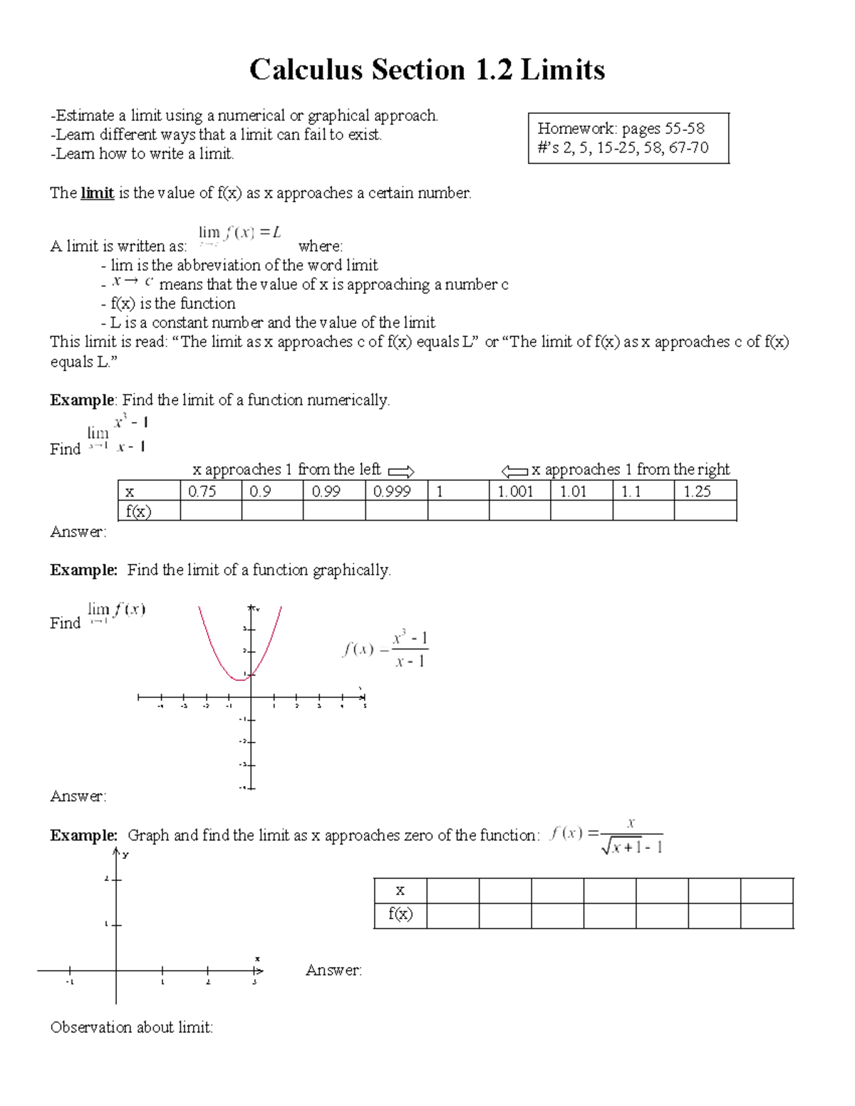 Calculus Limits X Y Calculus Section 1 Limits Estimate A Limit Using