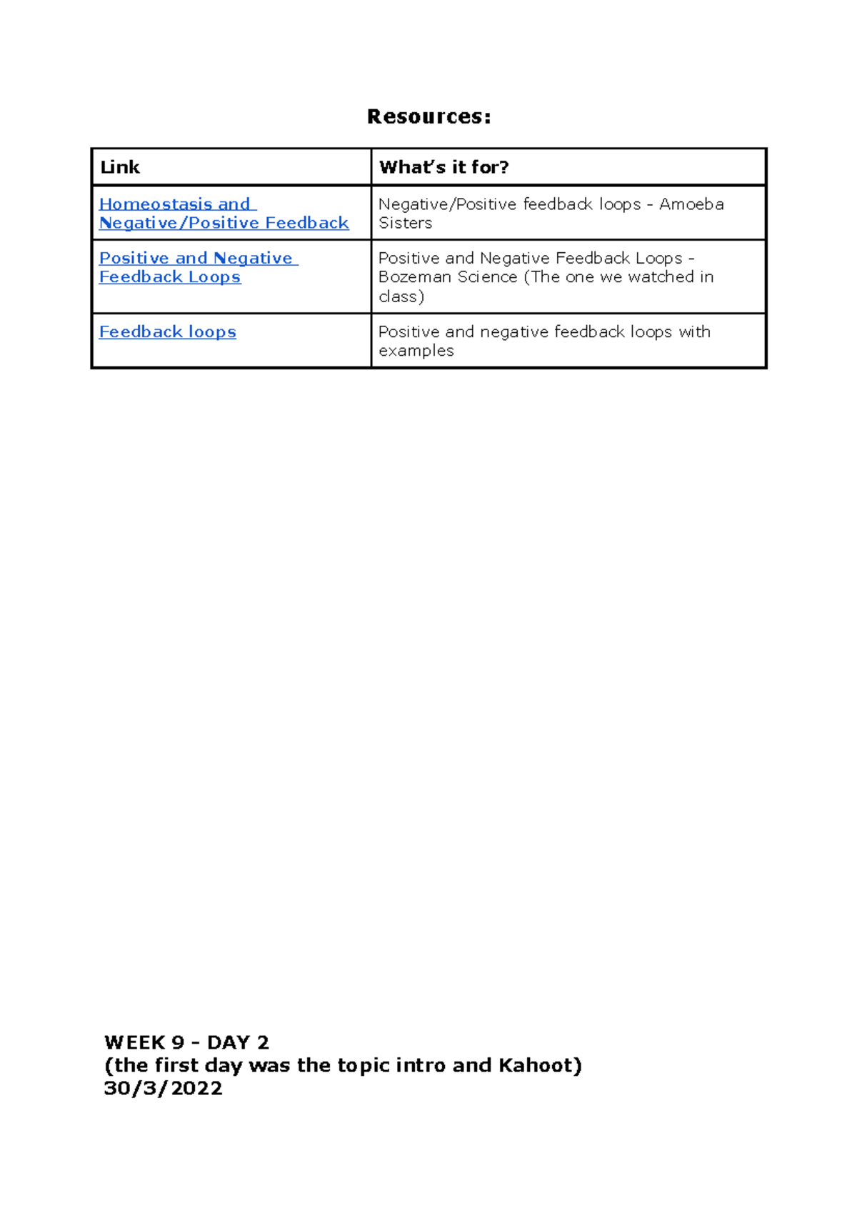 Homeostasis - notes - Resources: Link What’s it for? Homeostasis and ...