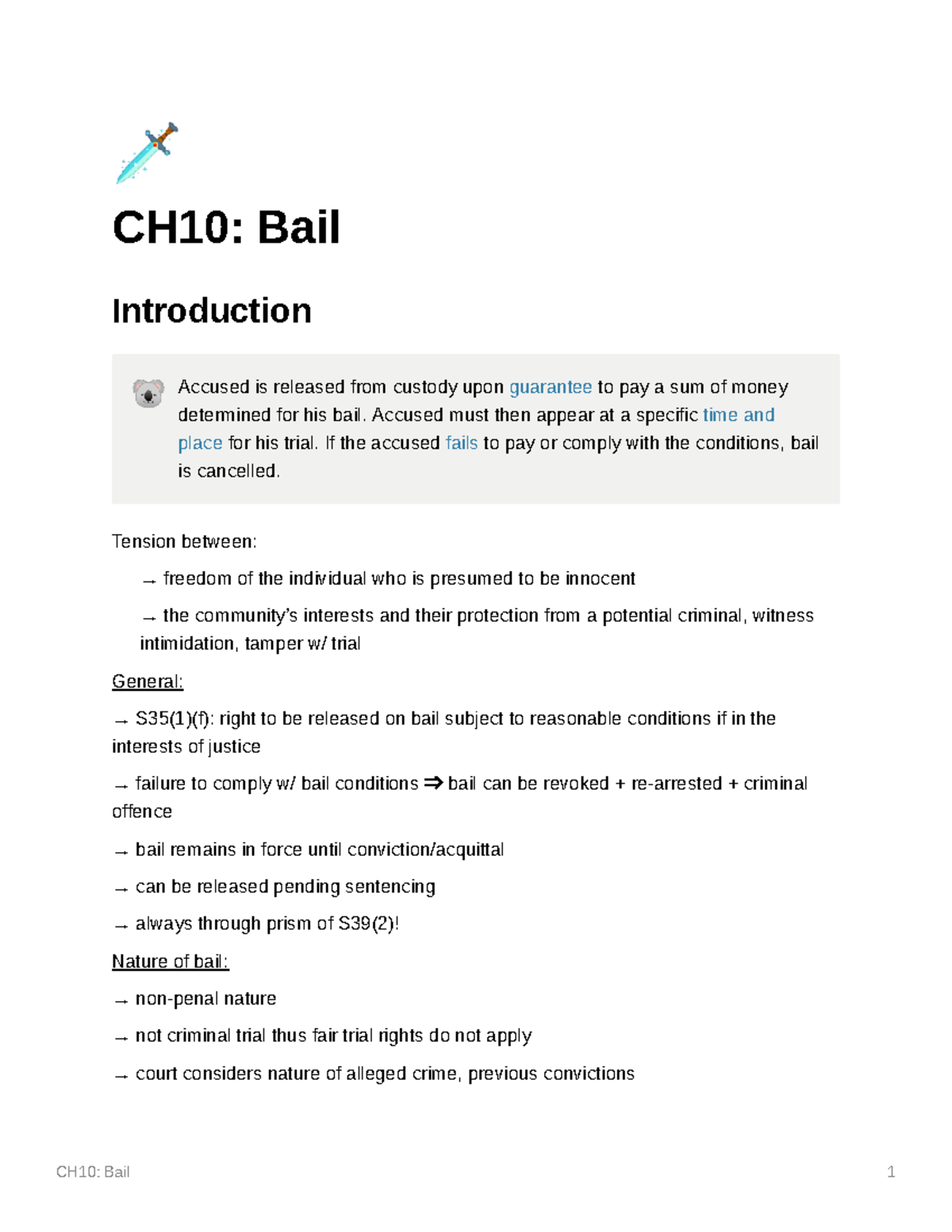 CH10 Bail - Complete summaries of chapter 10. Bail is summarised as per the course outline - Studocu