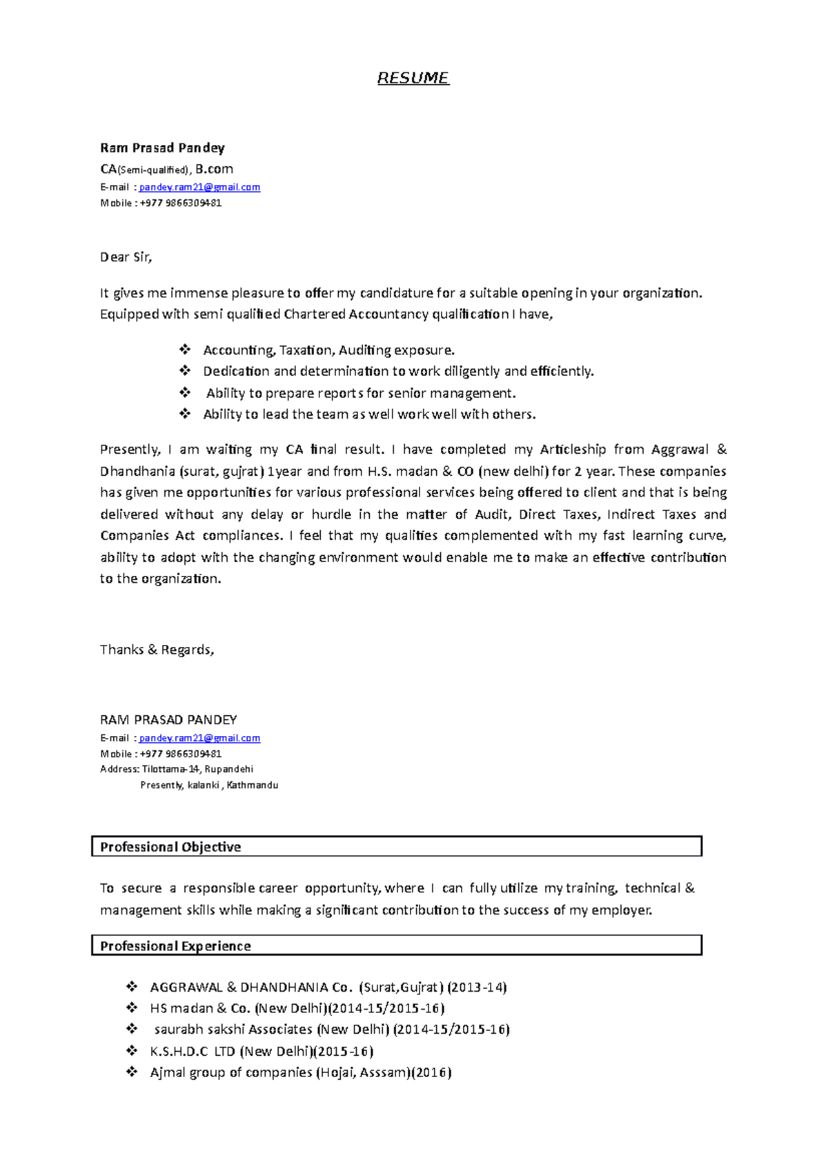 Curriculum Vitae - RESUME Ram Prasad Pandey CA(Semi-qualified), B E ...