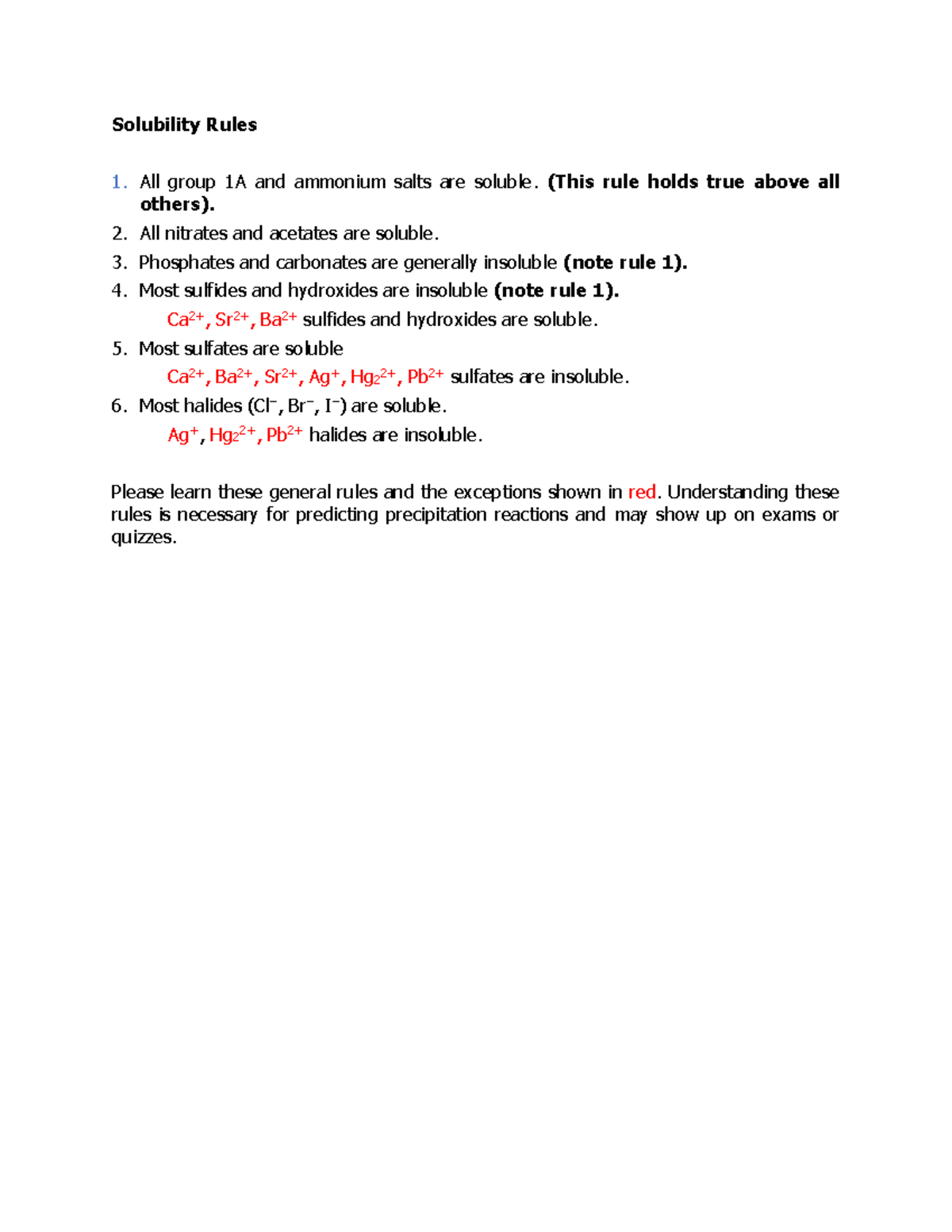 Solubility Rules Handout - Solubility Rules All group 1A and ammonium ...