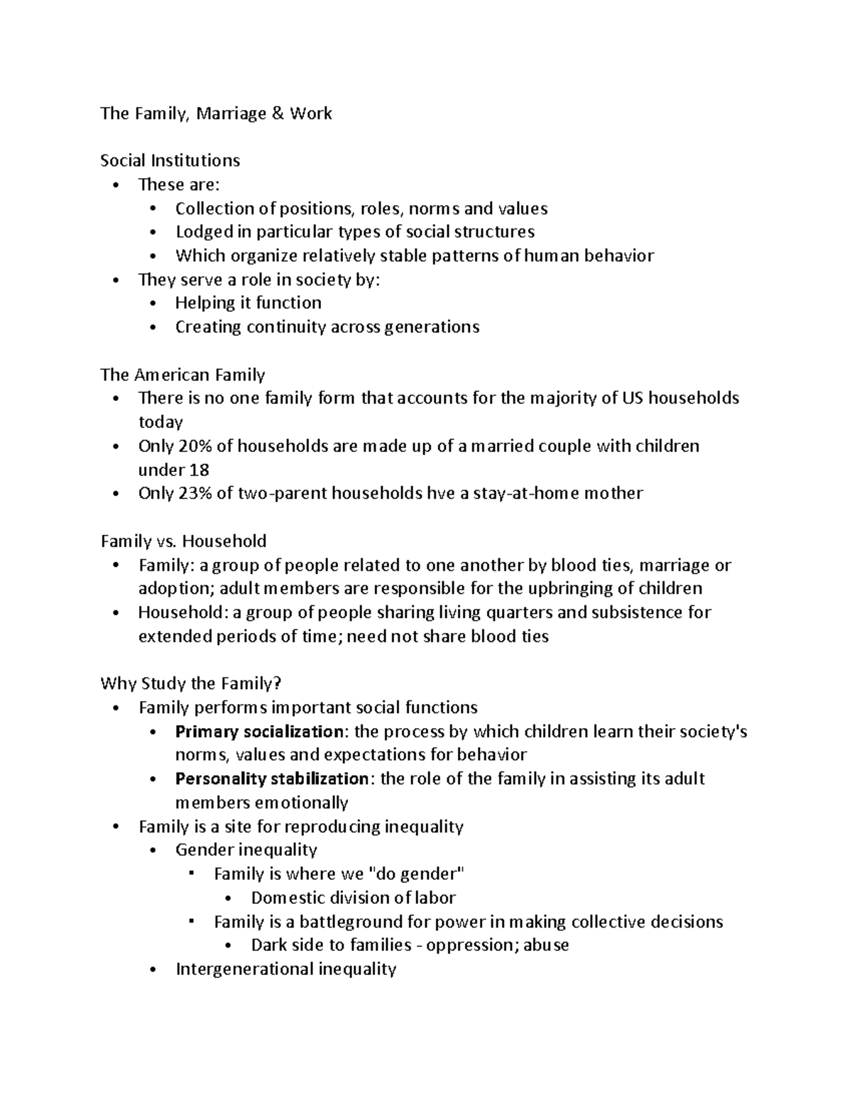 SOC 1101 - Lecture 16 - The Family, Marriage Work Social Institutions ...