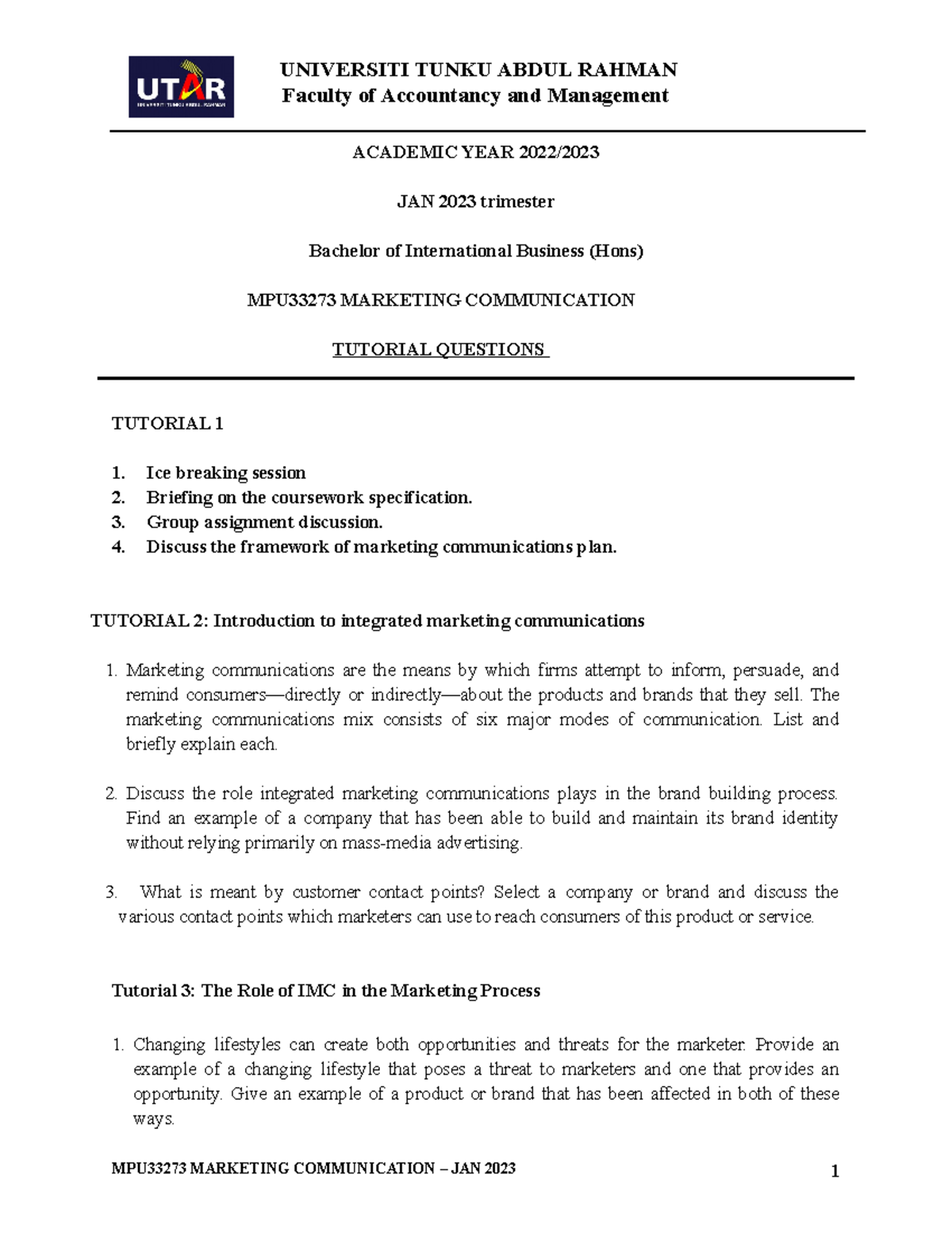 Tutorial Question 202301 - Faculty of Accountancy and Management ...