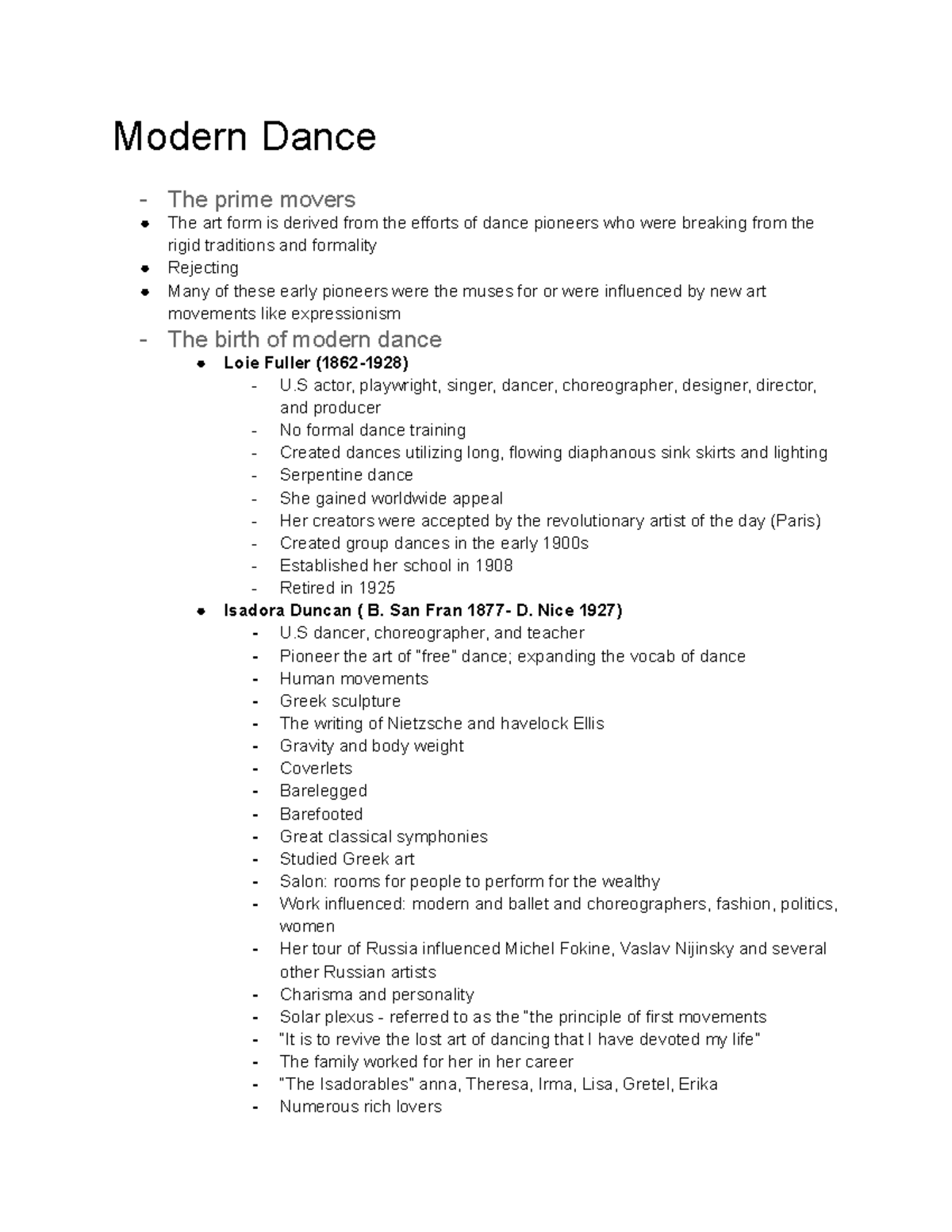 Part 3 - Dance - Lecture notes 6-8 - Modern Dance - The prime movers ...