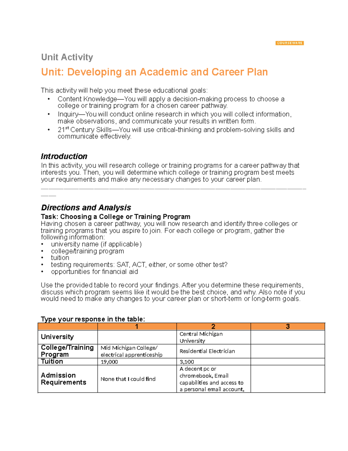 Developing an Academic and Career Plan UA - Unit Activity Unit ...