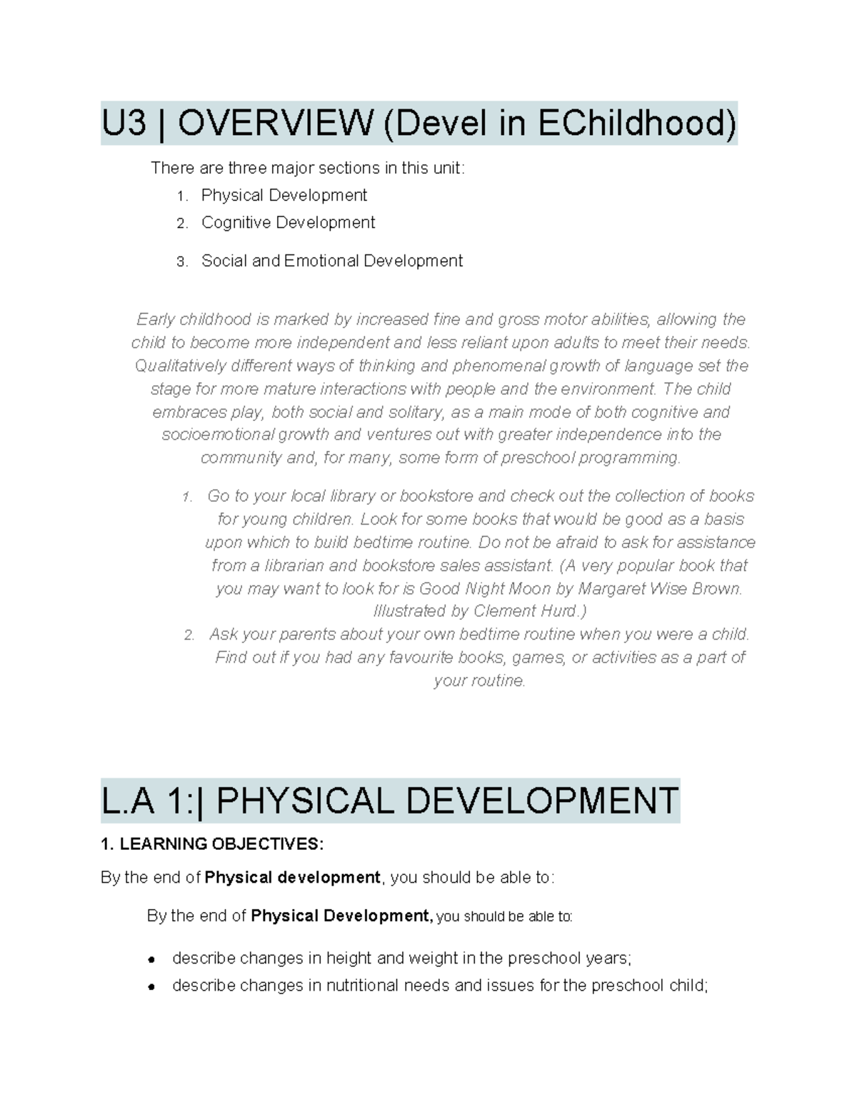 U3 Overview - Lecture notes Unit 3 - U3 | OVERVIEW (Devel in EChildhood ...