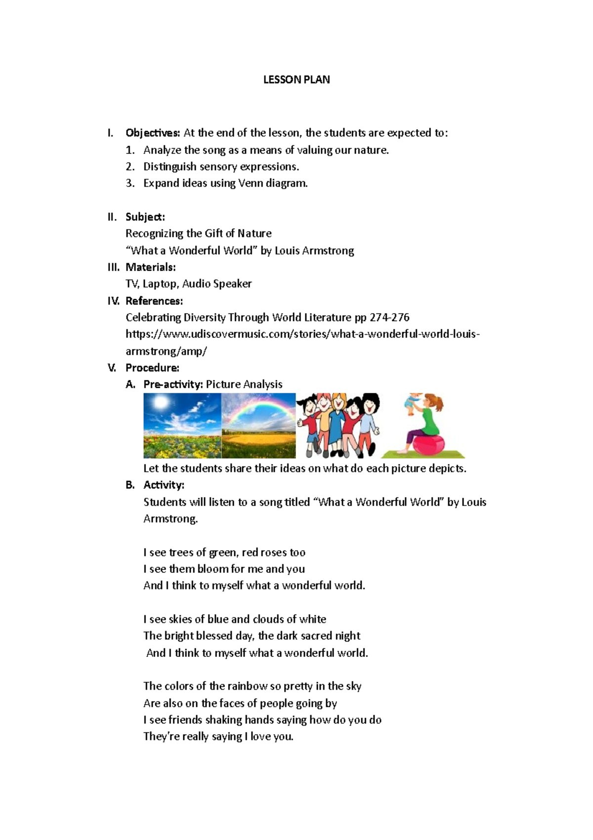 Grade 7 Lesson Plan - LESSON PLAN I. Objectives: At the end of the ...
