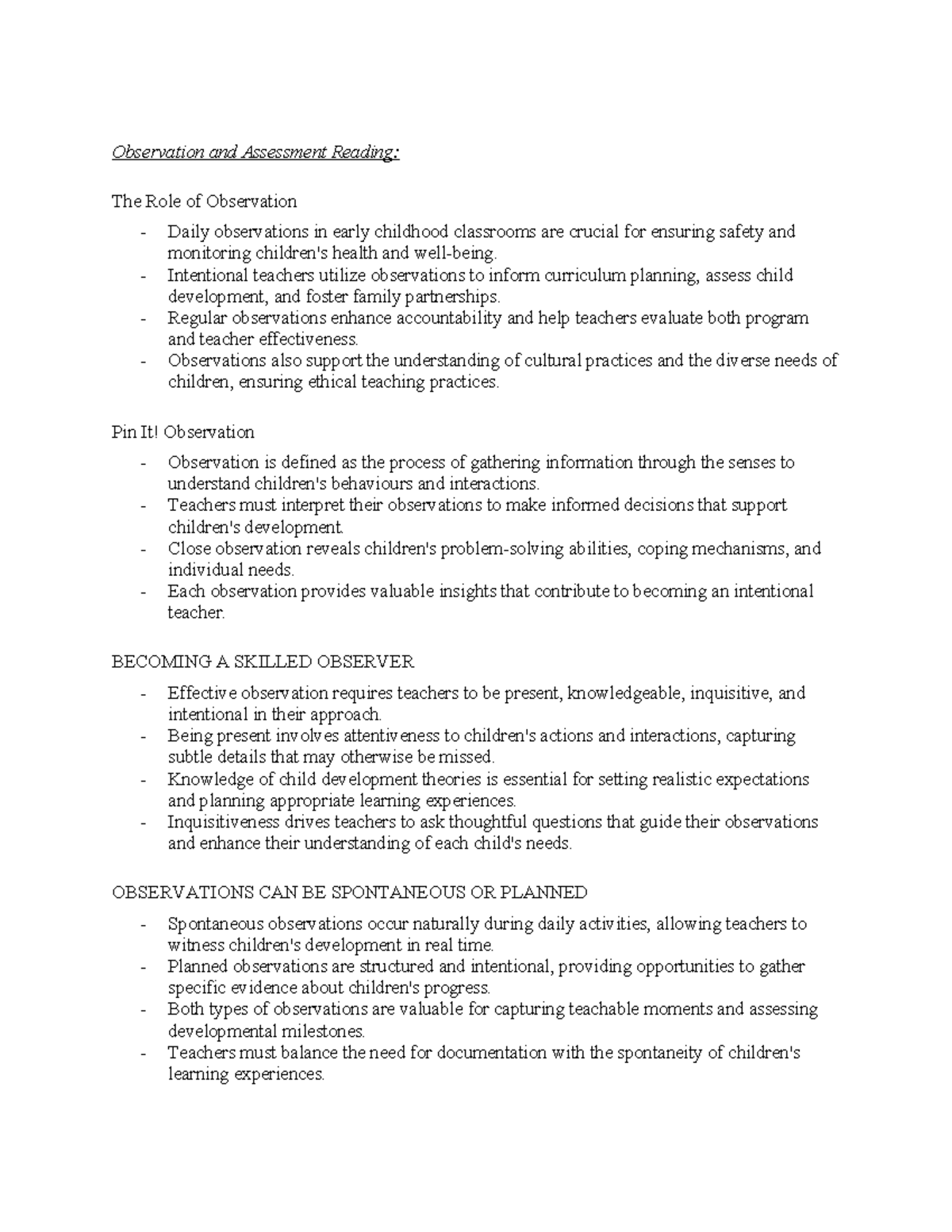 Observation Exam 1 study notes - Observation and Assessment Reading ...