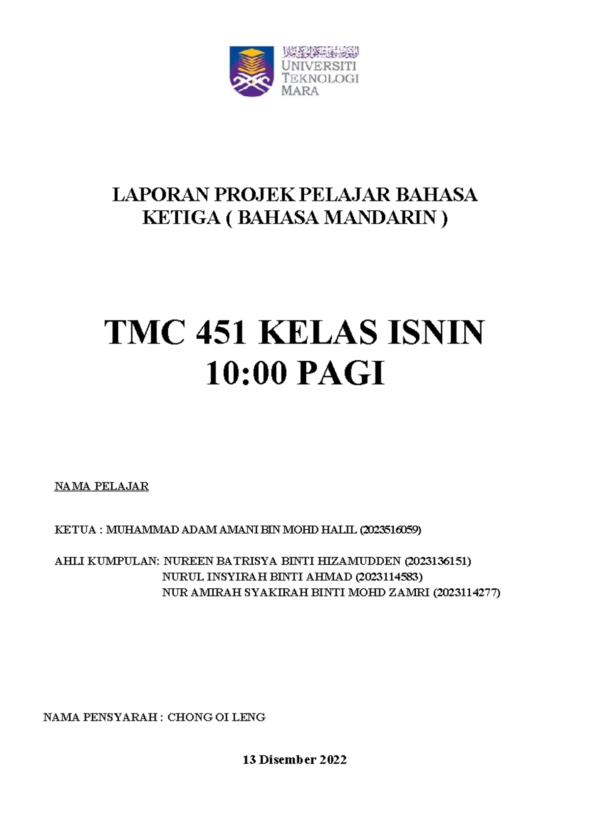 Skrip Role Play TMC501 - LAPORAN PROJEK PELAJAR BAHASA KETIGA ( BAHASA MANDARIN ) TMC 451 KELAS ...