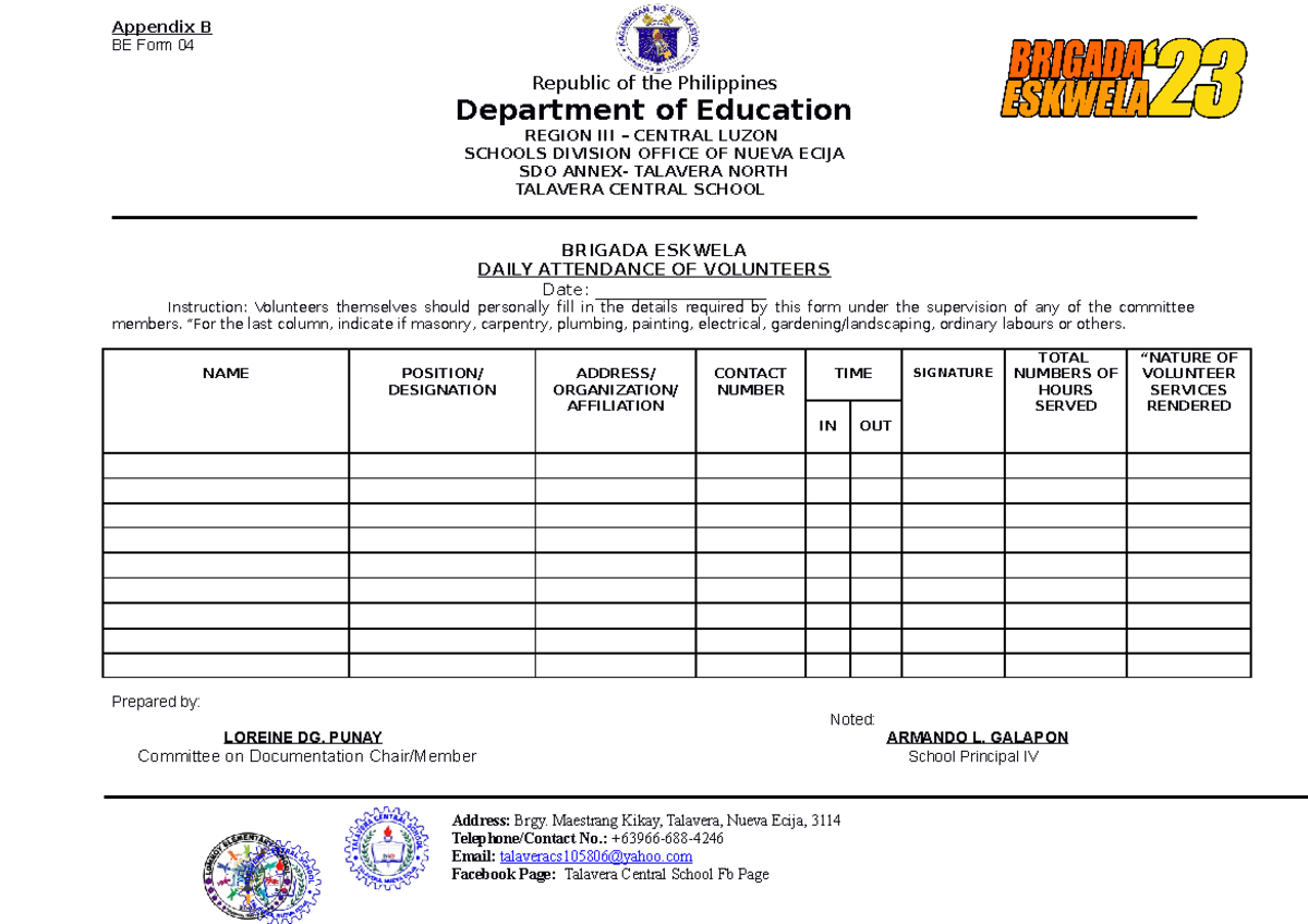 TCS- Brigada- Attendance Appendix-E - Appendix B BE Form 04 Republic of ...