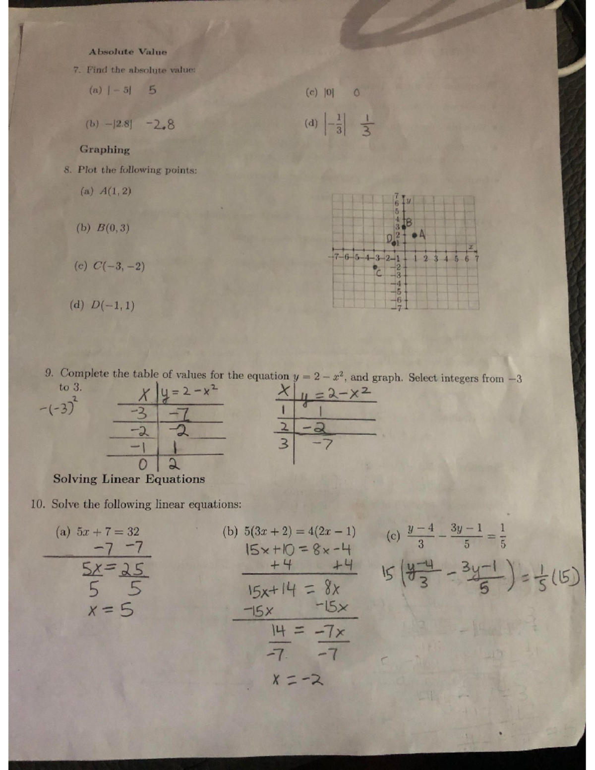 Lecture 1 Worksheet Algebra for College - MATH 101 - Absolute Value 7 ...