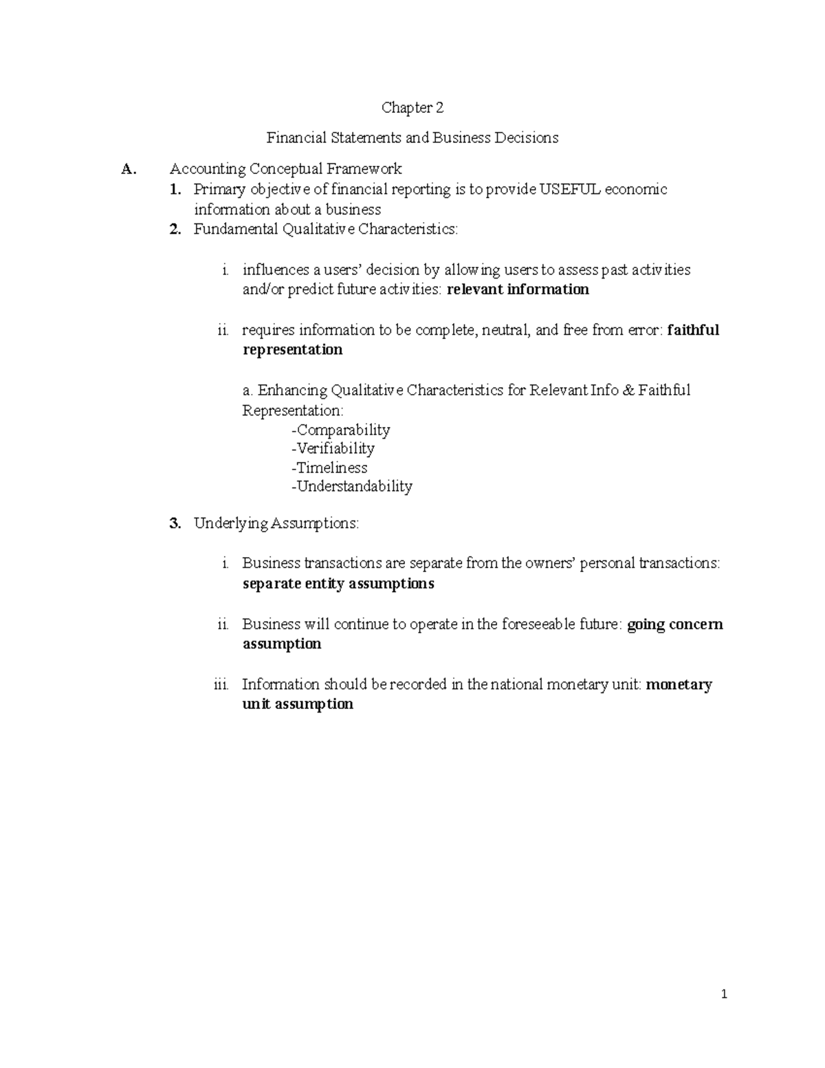 200 Chapter 2 Student Outline - Chapter 2 Financial Statements and Business Decisions A ...