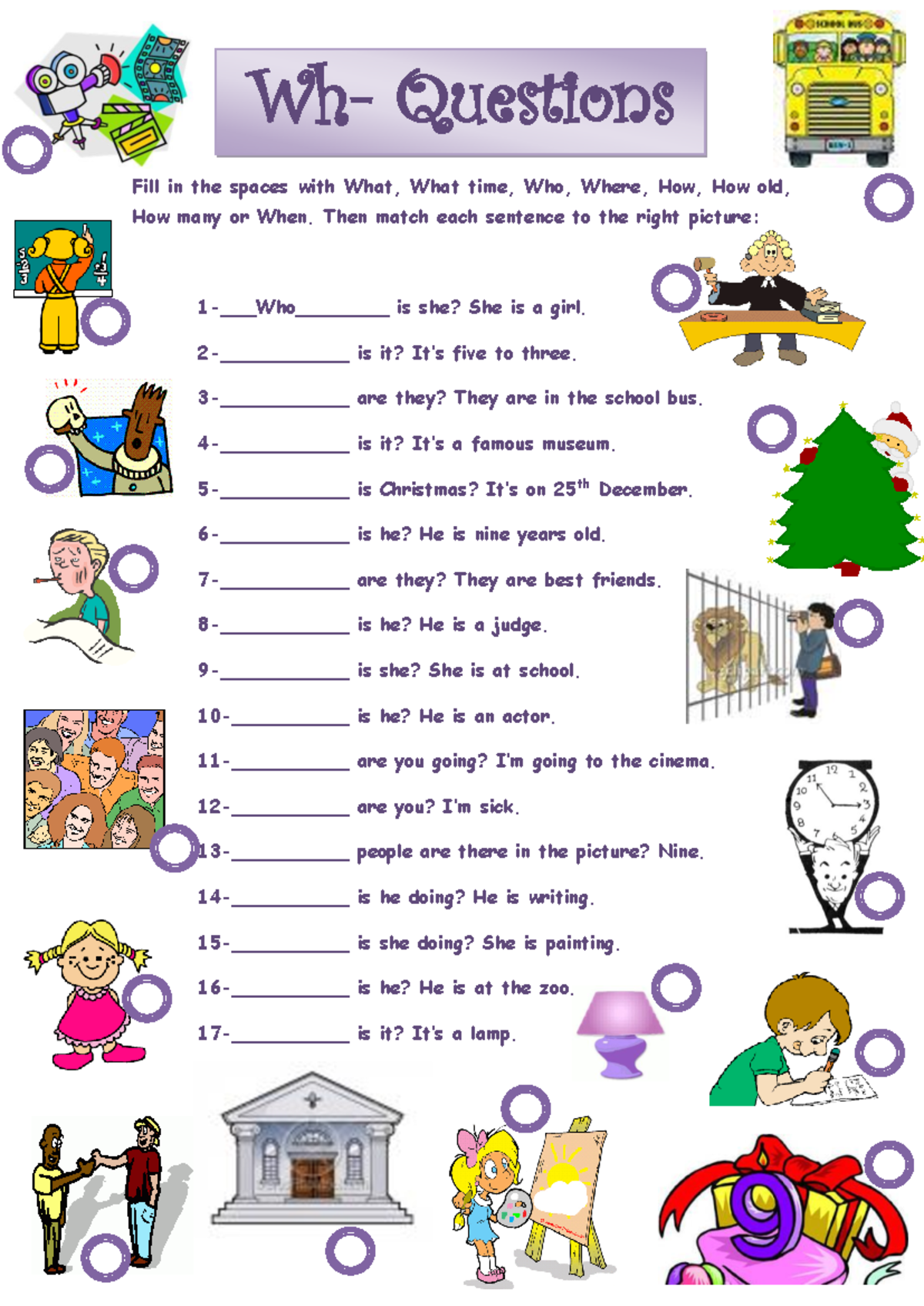 Ingles - Wh- Questions Fill in the spaces with What, What time, Who ...