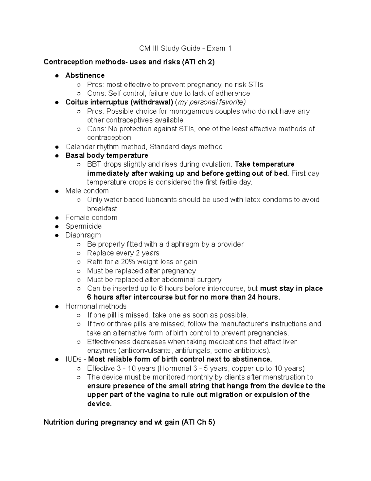 CM3 Exam 1 - Maternity - CM III Study Guide - Exam 1 Contraception methods- uses and risks (ATI ...