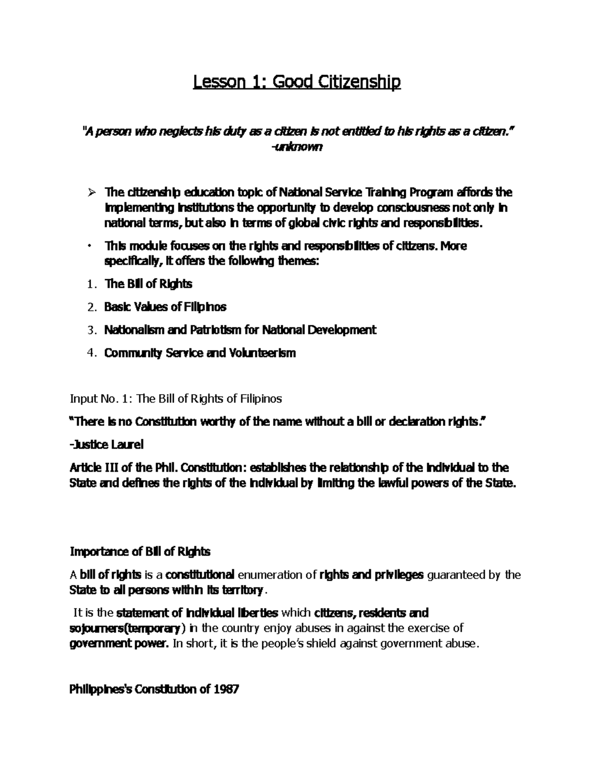 Lesson 1- Good citizenship - Lesson 1 : Good Citizenship “A person who ...