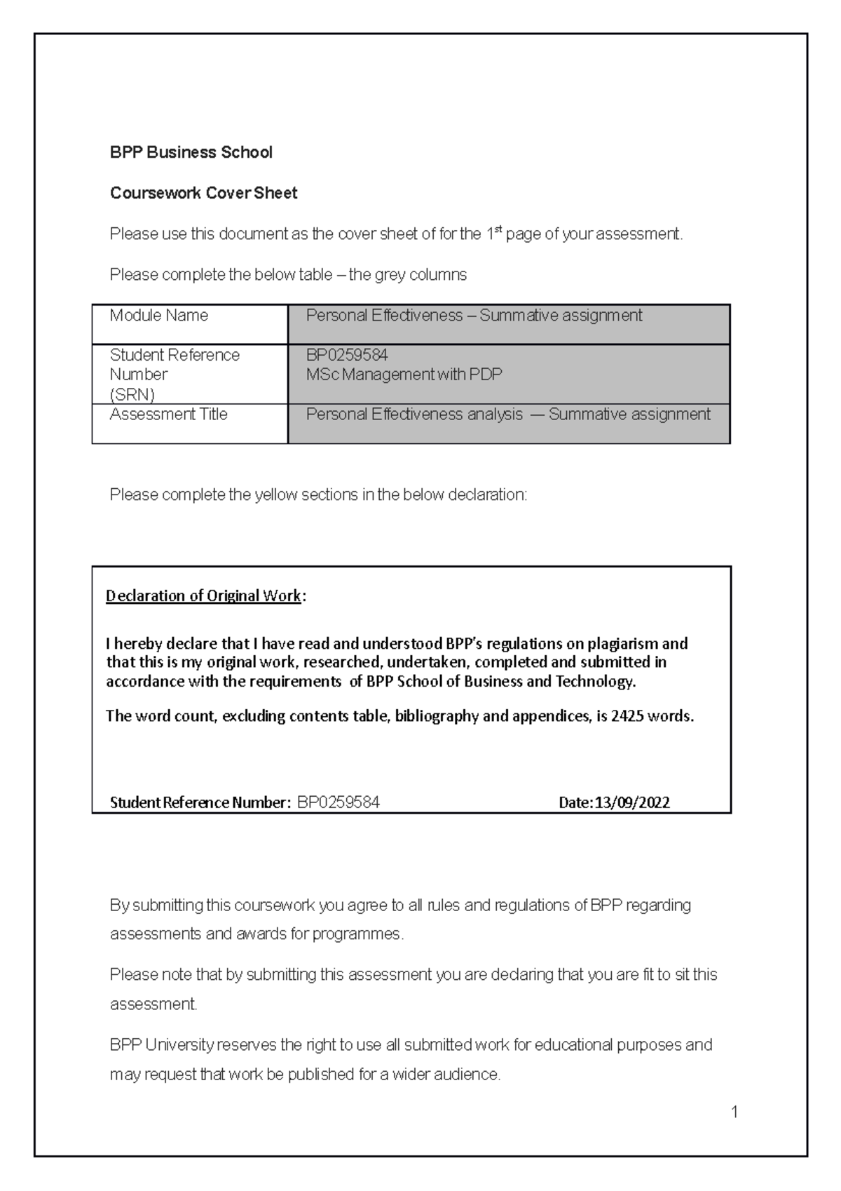 personal effectiveness - BPP Business School Coursework Cover Sheet Please use this document as ...