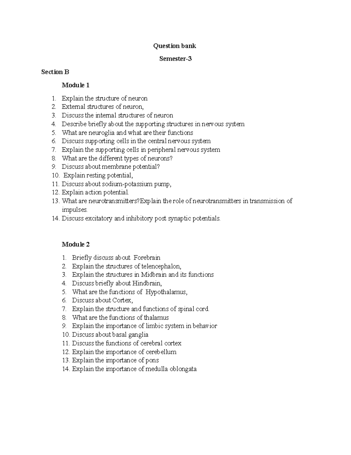 physiology question bank - Question bank Semester- Section B Module 1 1. Explain the structure ...
