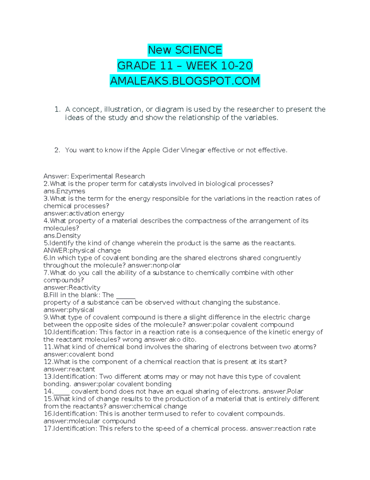 New Science - New SCIENCE GRADE 11 – WEEK 10- AMALEAKS.BLOGSPOT 1. A ...