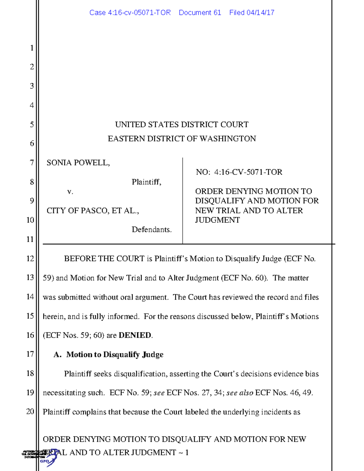 Uscourts denial of motion to dq - ORDER DENYING MOTION TO DISQUALIFY ...