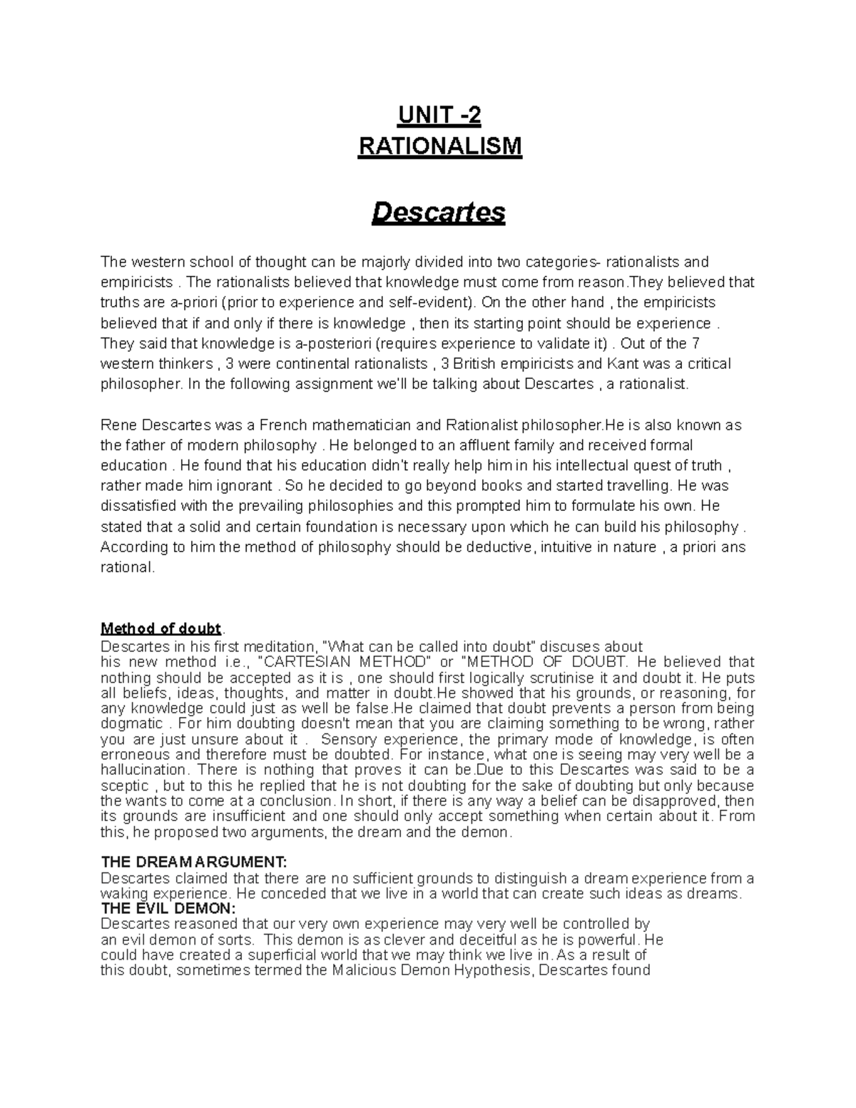 UNIT -2 Western Philo - summary on rationalist thinkers - UNIT ...