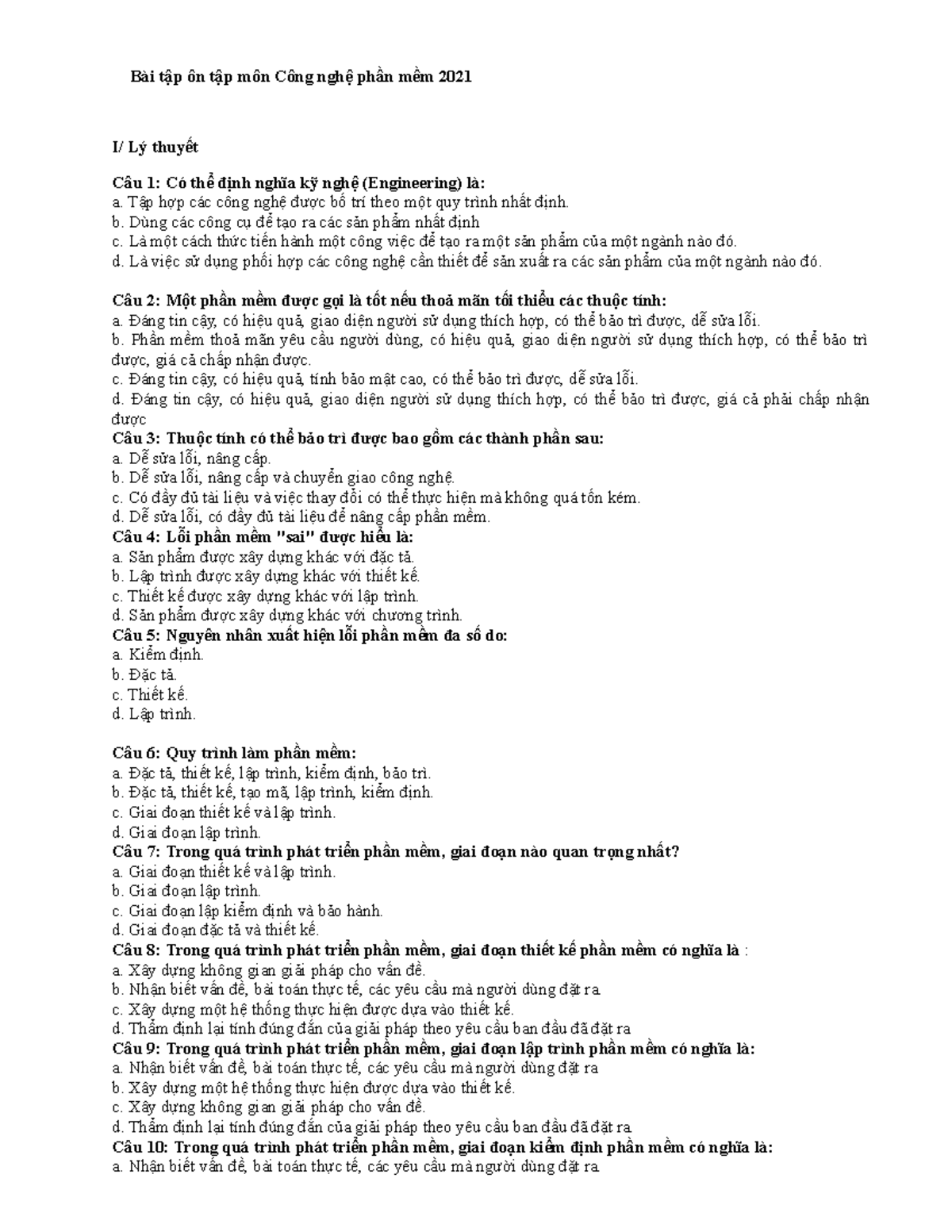 Bài tập ôn tập môn Công nghệ phần mềm 2021 - Bài tập ôn tập môn Công ...