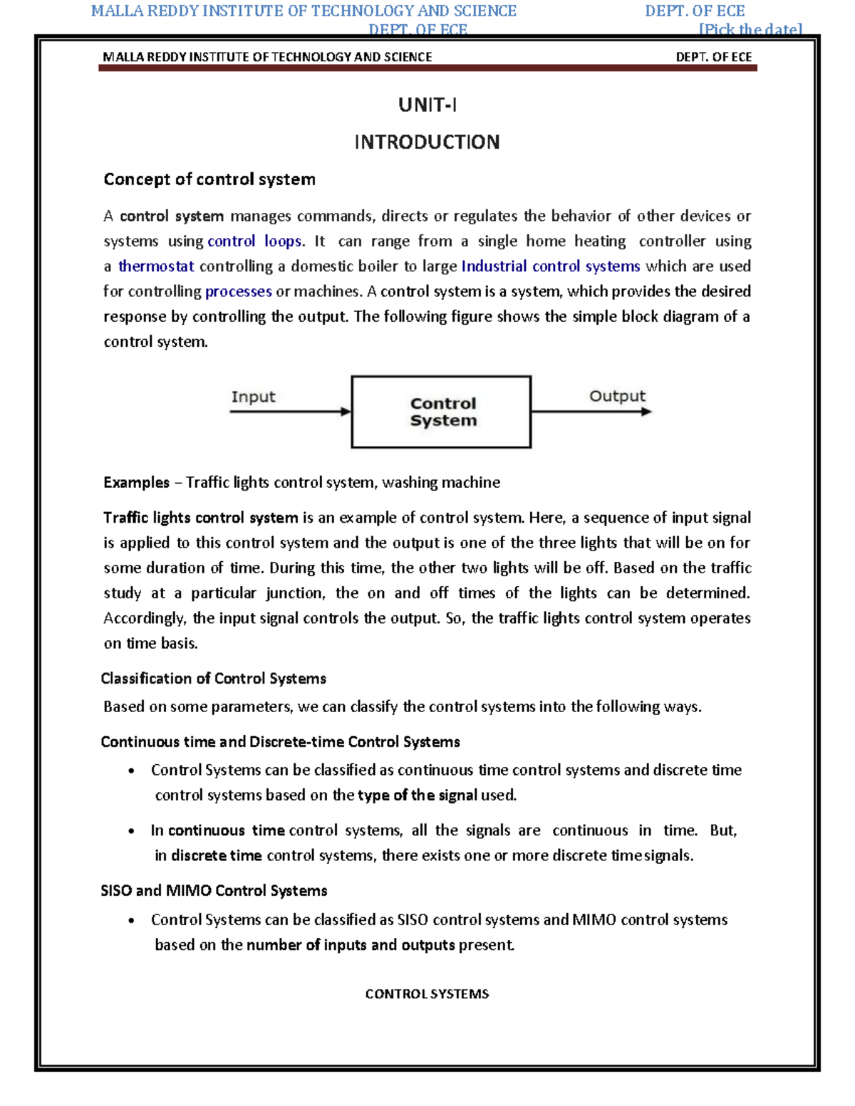 Control systems - Lecture notes 1-4 - MALLA REDDY INSTITUTE OF ...
