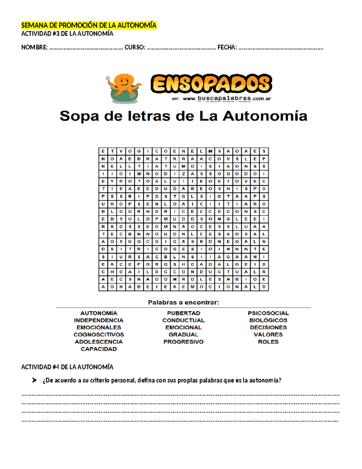 Sopa de letras autonomia - SEMANA DE PROMOCIÓN DE LA AUTONOMÍA ...