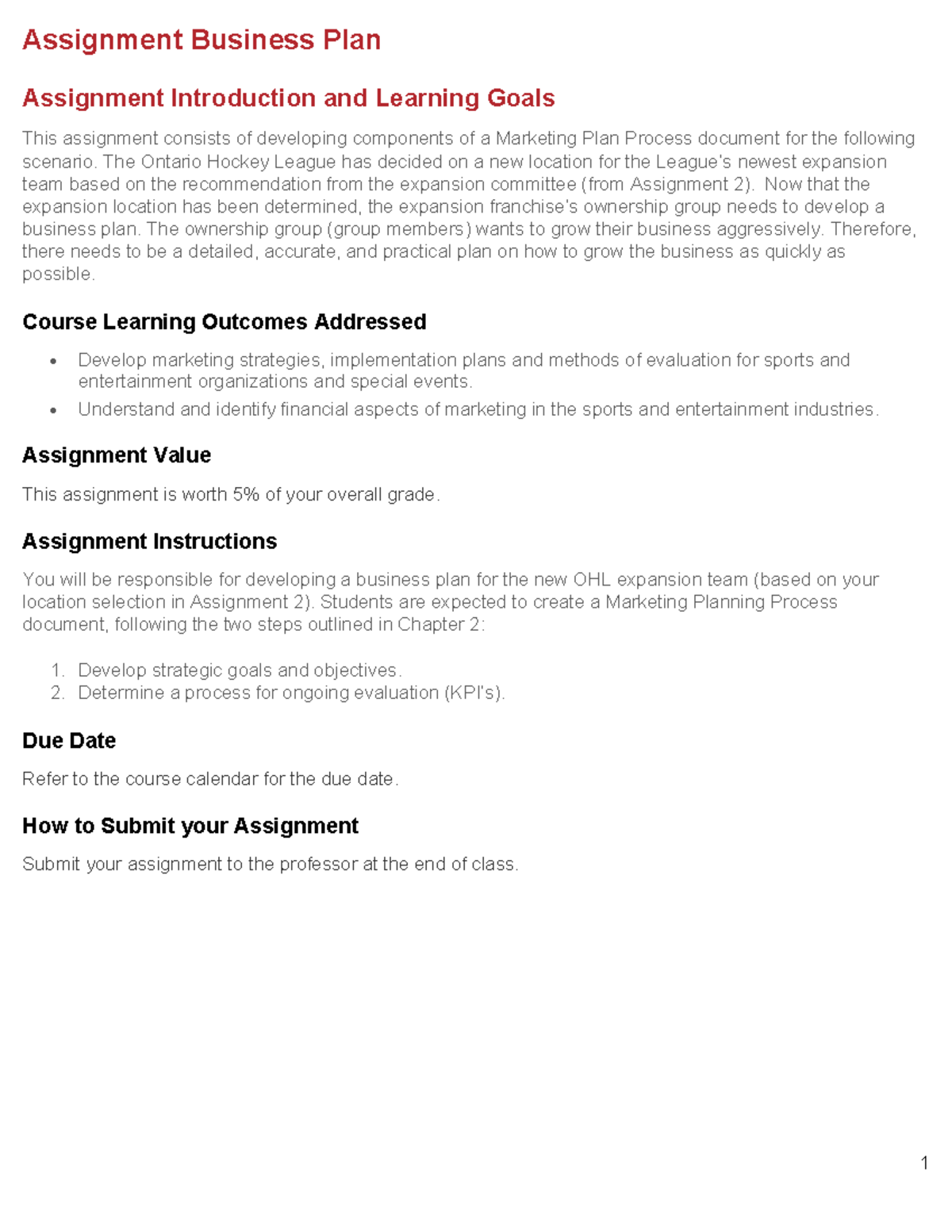 In-class Assignment 3 - Business Plan - 1 Assignment Business Plan Assignment Introduction and ...