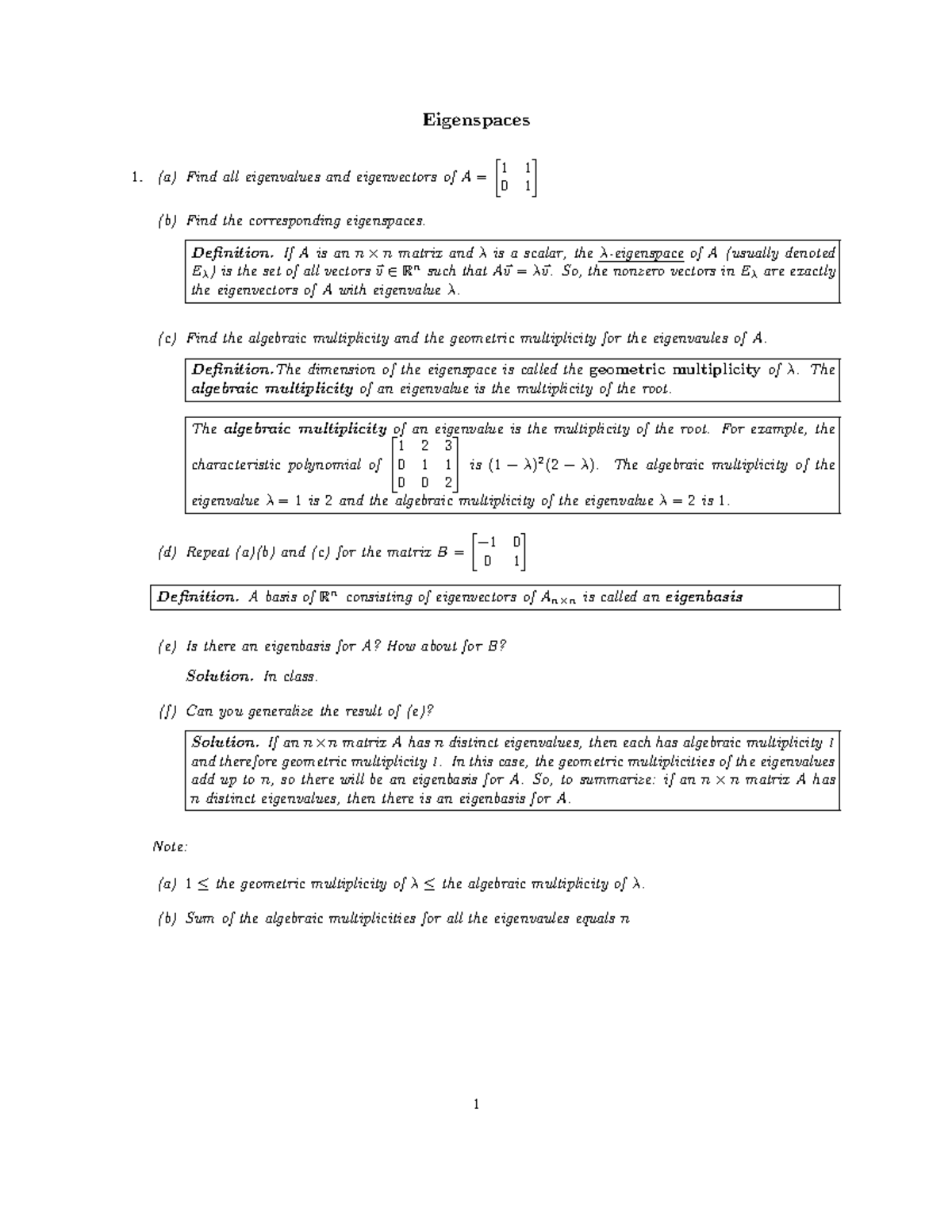Eigenspaces-1 - EIGENVALUE EIGEN SPACE - Eigenspaces (a) Find all eigenvalues and eigenvectors ...