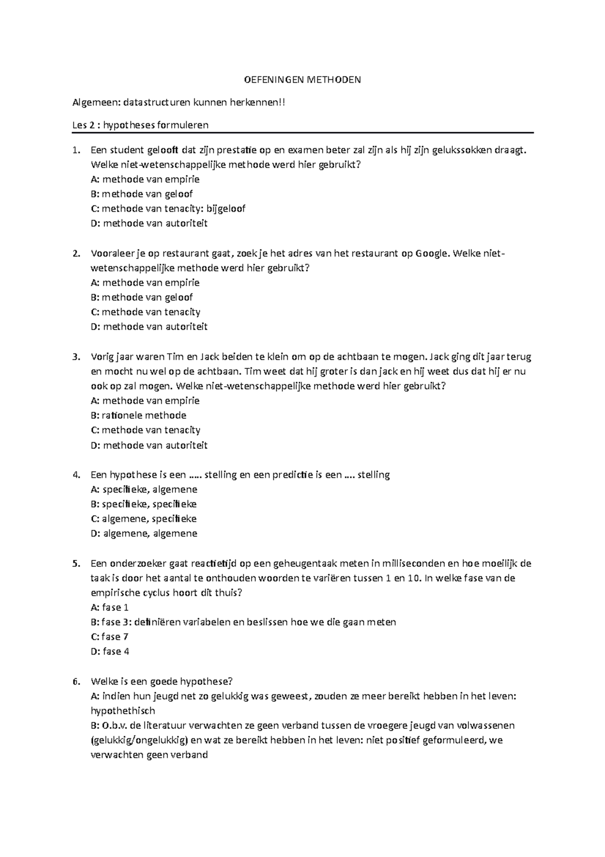 Oef methoden - oefeningen die in bod gekomen zijn in de les samengevat ...