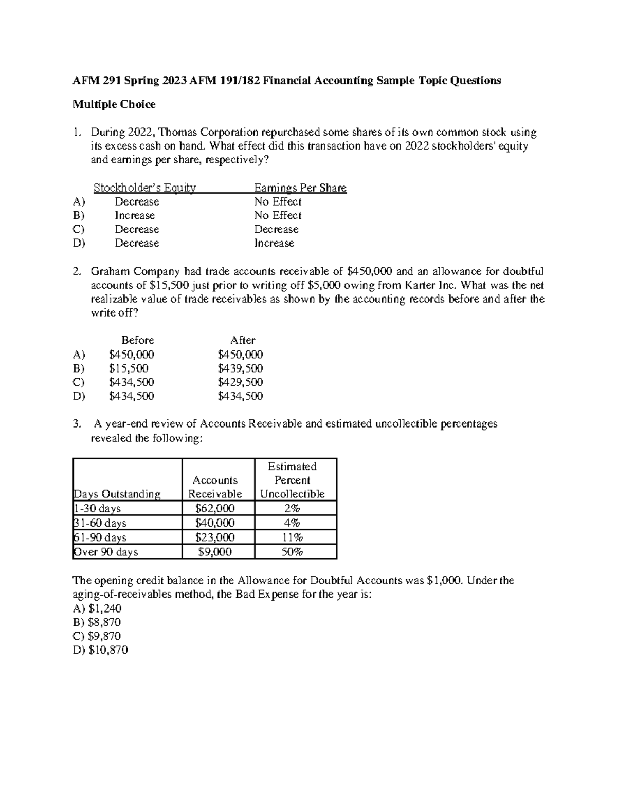 AFM 291 S23 AFM 191 182 Sample Topic Questions - AFM 291 Spring 2023 ...