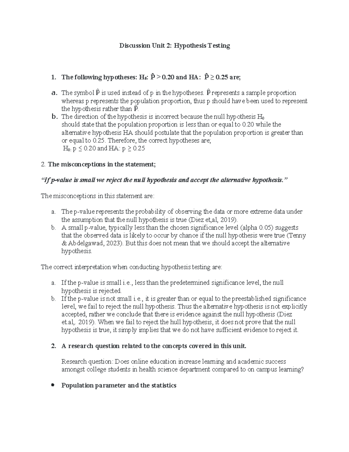 Math 1281 D2 Hypotheses testing - Discussion Unit 2: Hypothesis Testing ...