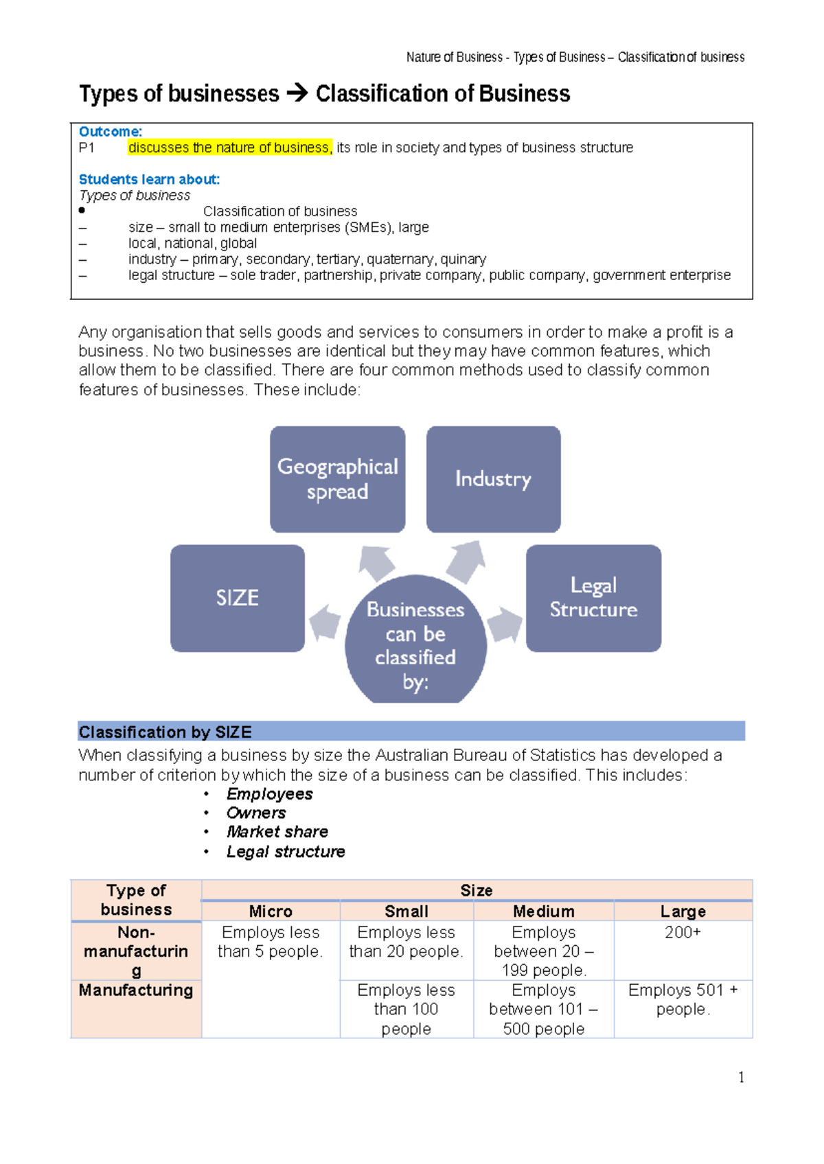 2a. Types of Business WS - Types of businesses Classification of ...
