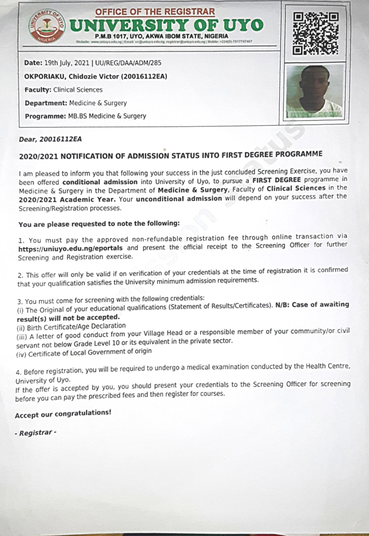 Admissioiooyttt - OFFICE OF THE REGISTRAR UNIVERSITY OF UYO P.M 1017 ...