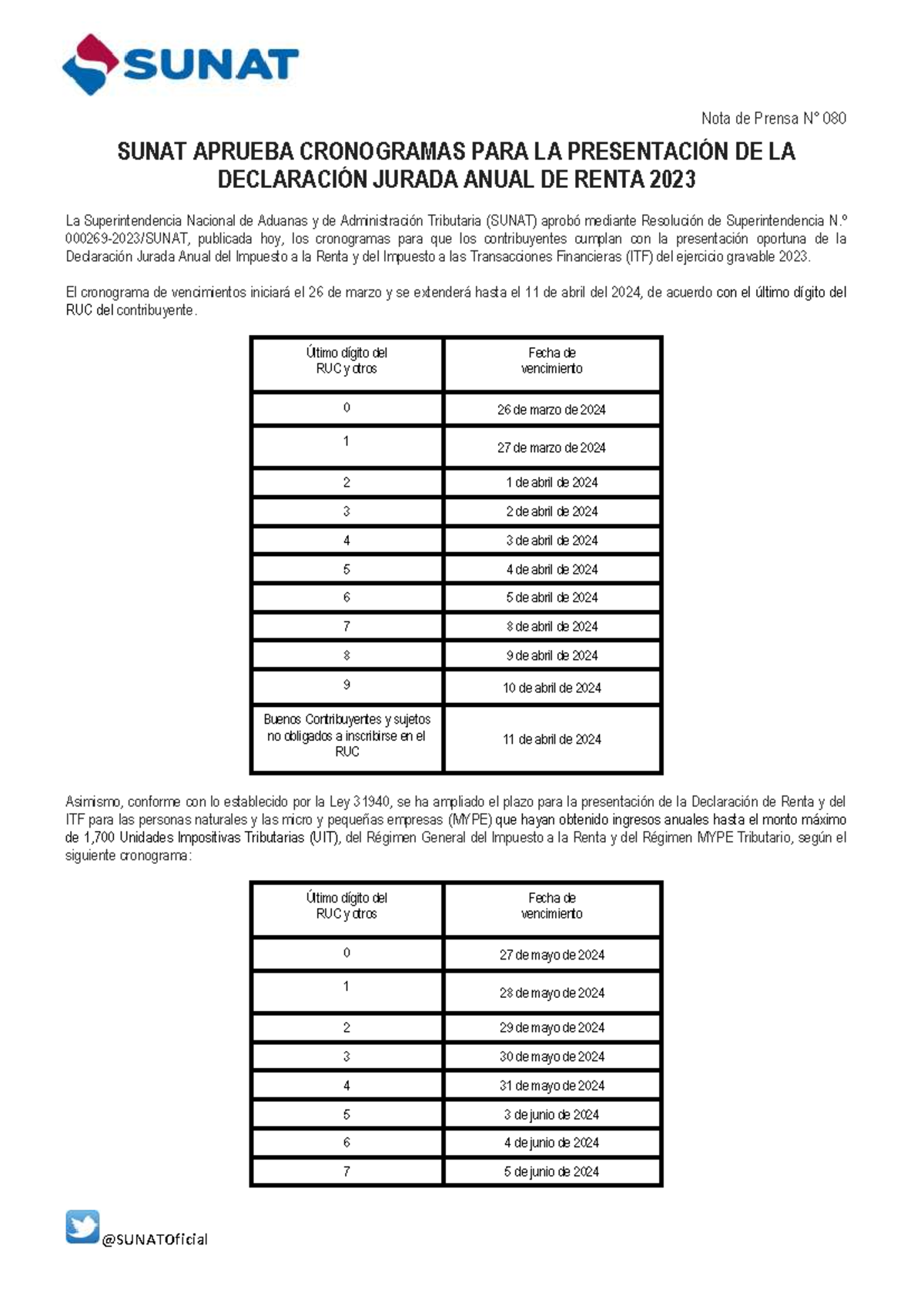 Declaración Jurada Anual DE Renta 2023 - @SUNATOficial Nota de Prensa N° 0 80 SUNAT APRUEBA ...