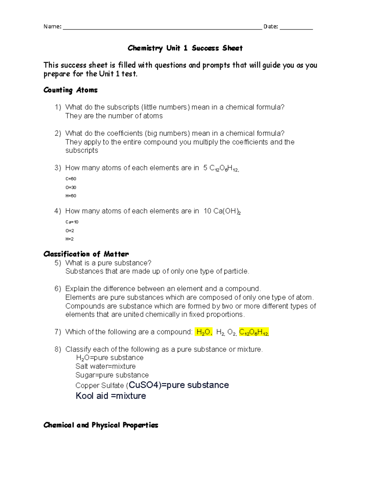 Unit 1 Matter Test Review Sheet 24-25 - Name: - Studocu