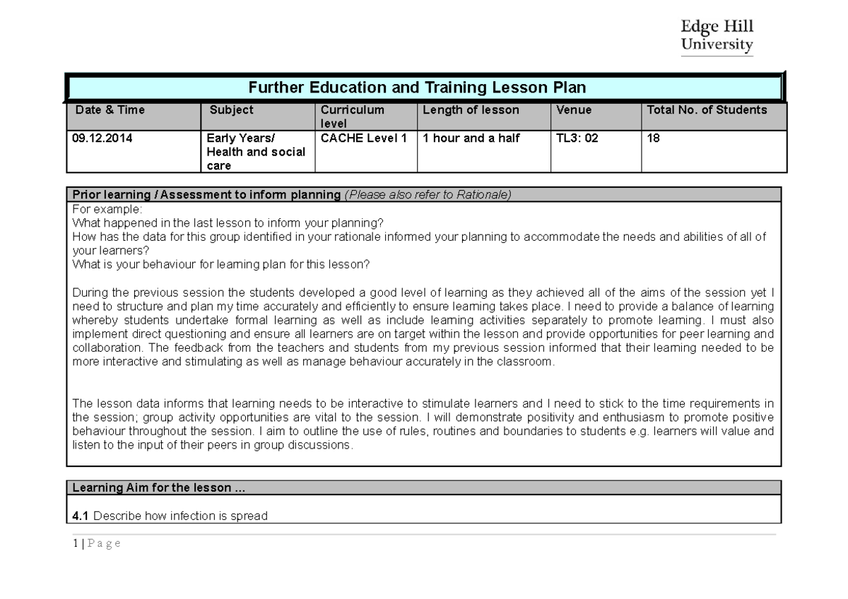 Lesson-Planning-Proforma-FET-2014-15 - spread of infection - Further ...