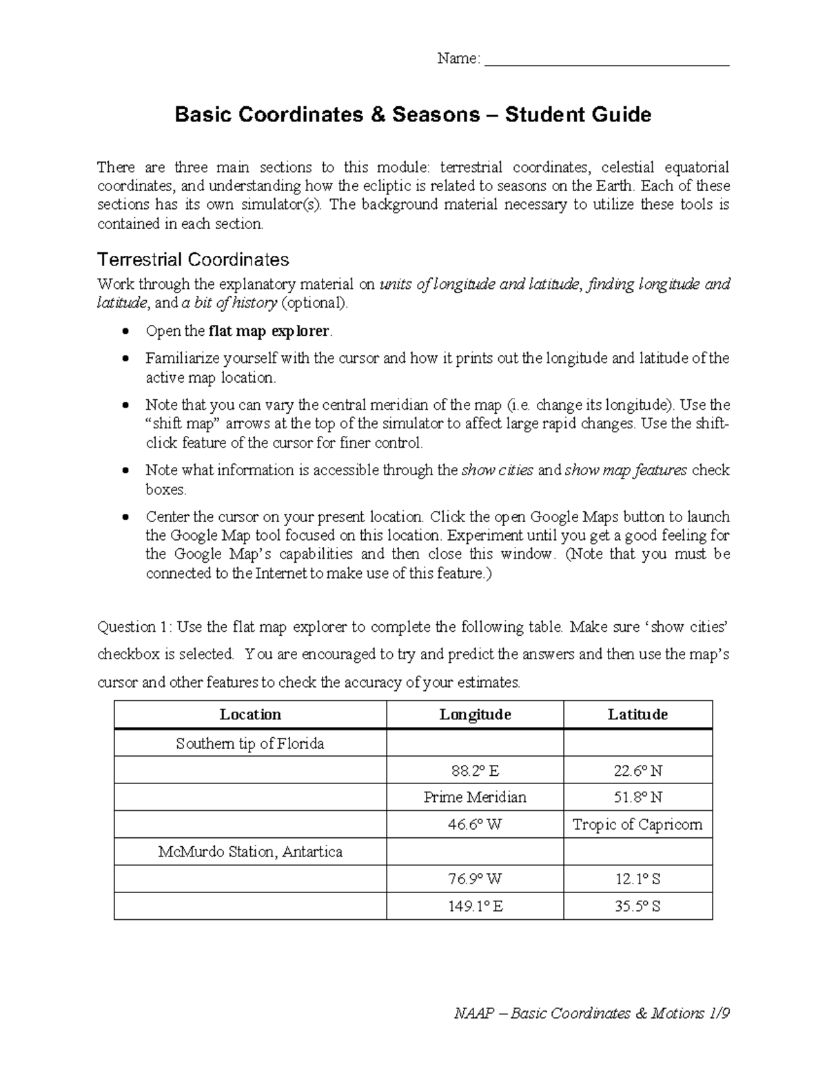 Naap basic coordinates and seasons sg 2024 - Name: Basic Coordinates ...