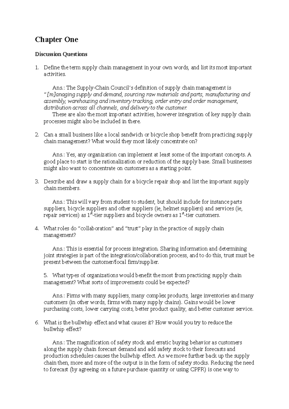 Answers to Chapter 1Chapter 1 Supply Chain Management Advanced Diploma ...