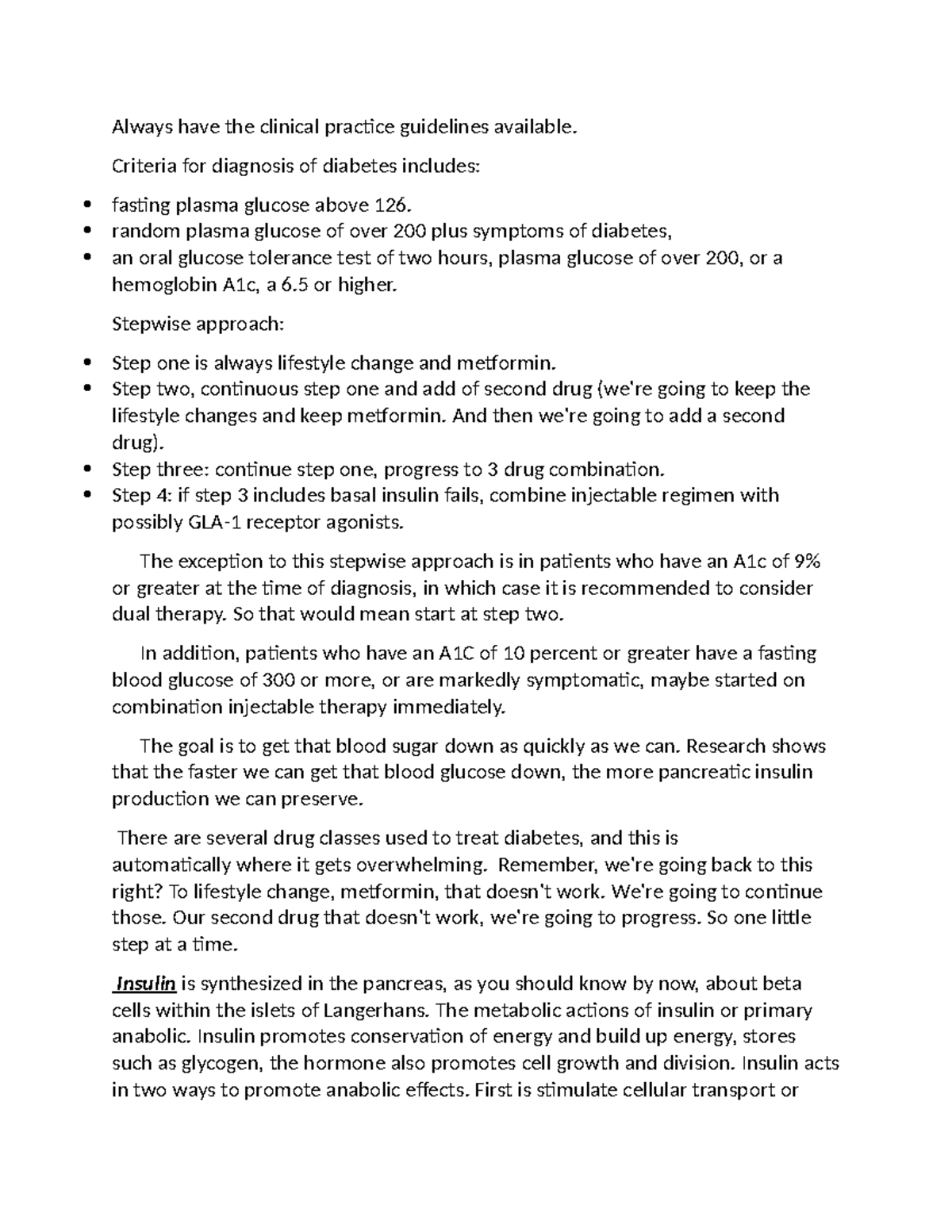 Diabetes NR 565 - Professor notes - Always have the clinical practice ...