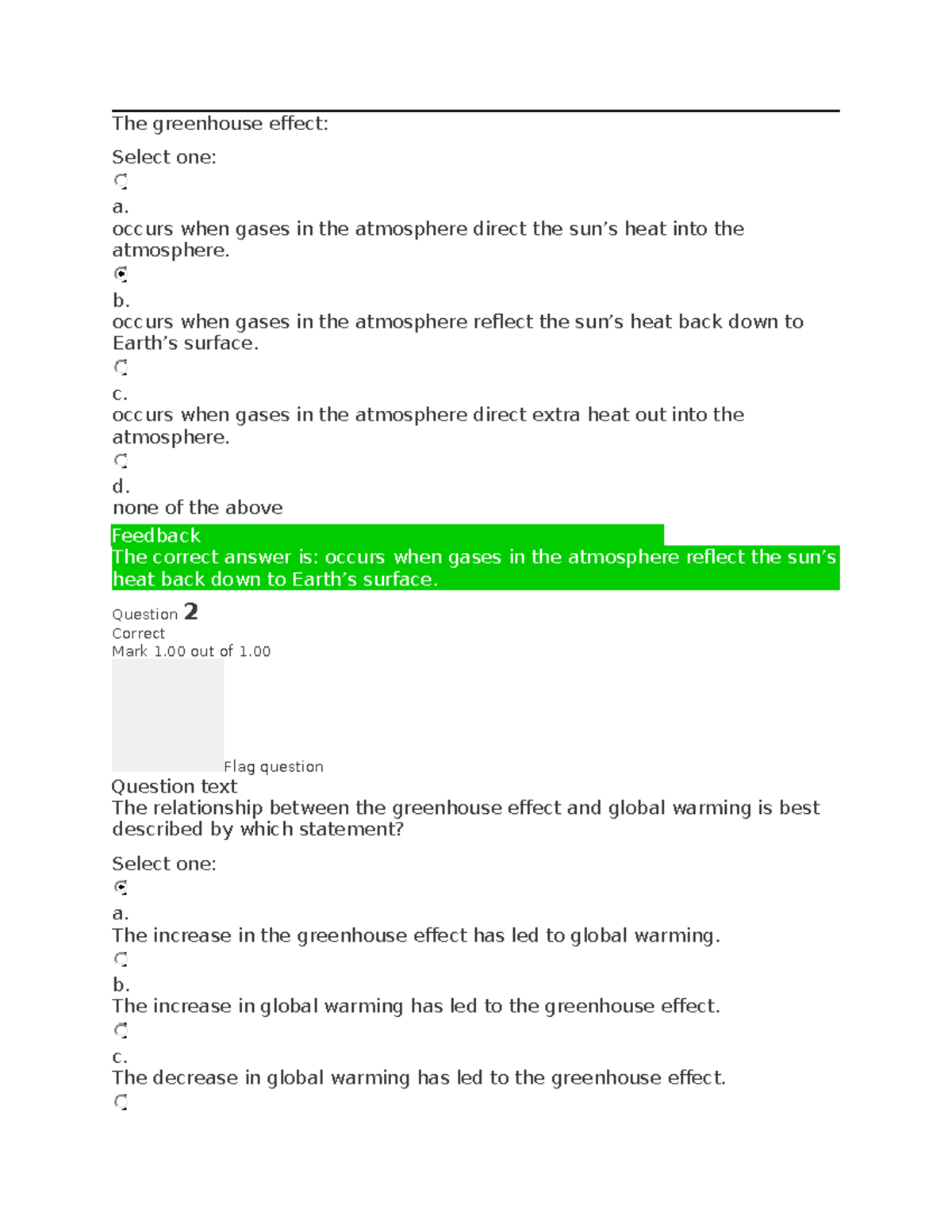 Stud doc2 - tests - The greenhouse effect: Select one: a. occurs when ...