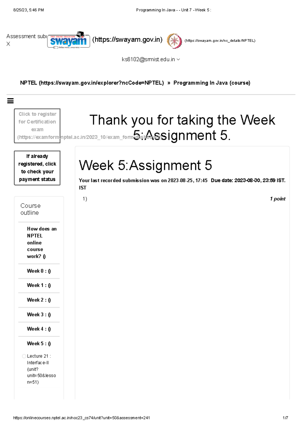 Nptel week 5 - assignment - Thank you for taking the Week 5:Assignment 5. NPTEL - Studocu