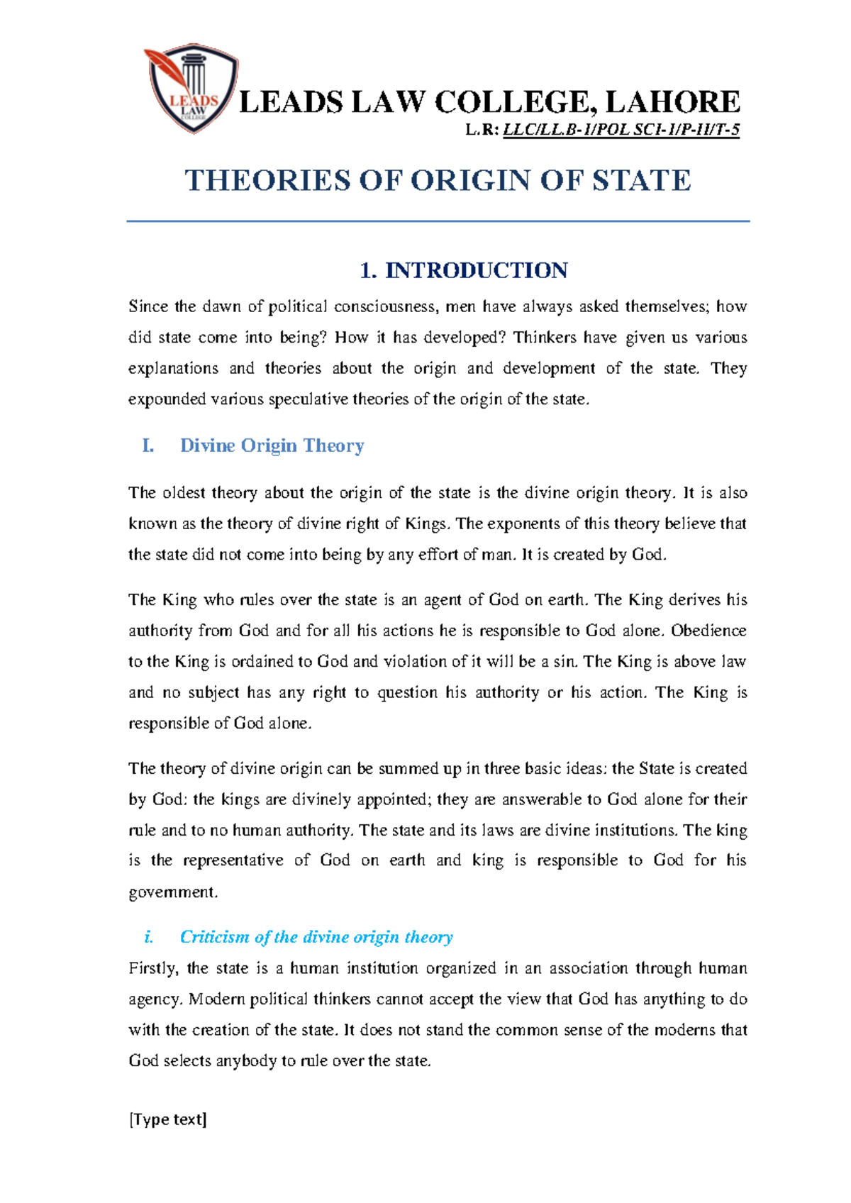 5. Theories of origin of state - L: LLC/LL-1/POL SCI-1/P-II/T- THEORIES ...