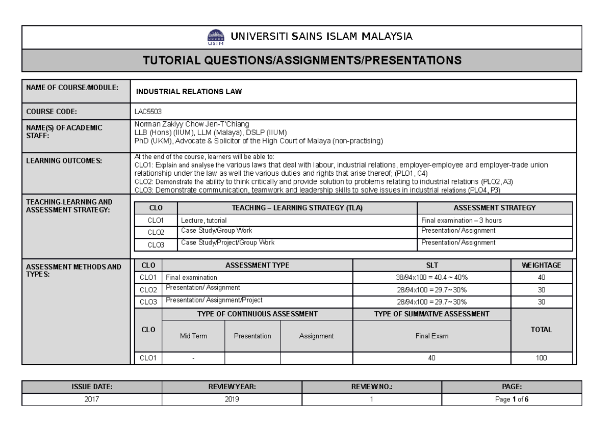 Tutorial Exercise ( Draft 1) - TUTORIAL QUESTIONS/ASSIGNMENTS ...