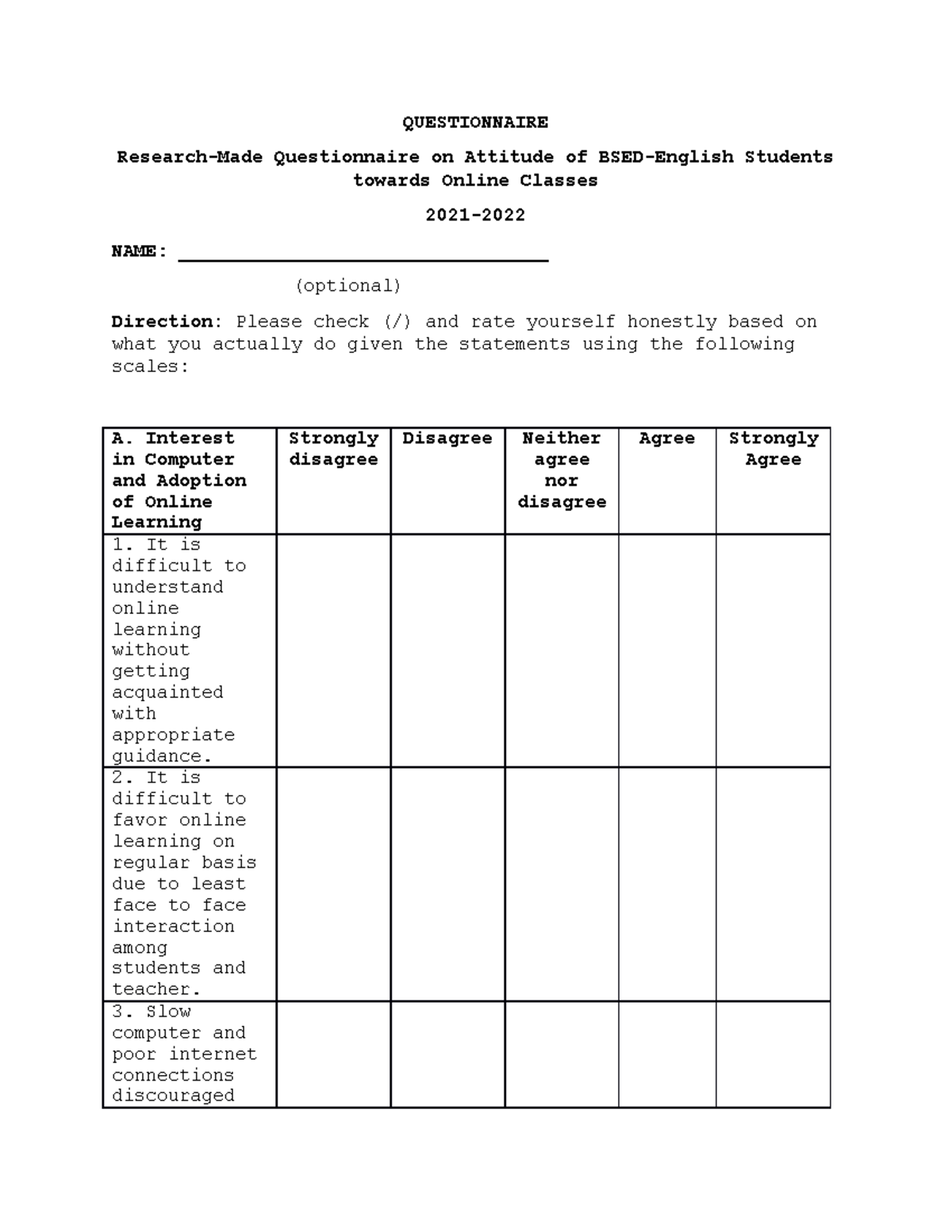 Questionnaire - Interest in Computer and Adoption of Online Learning ...