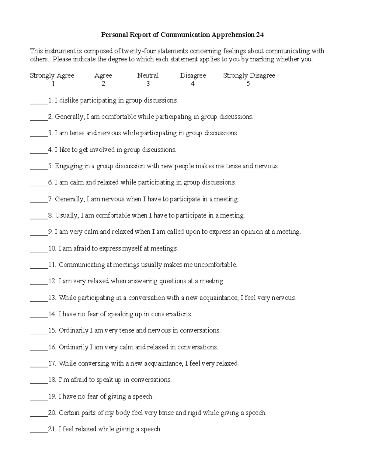 PRCA assessment - Notes - Personal Report of Communication Apprehension ...