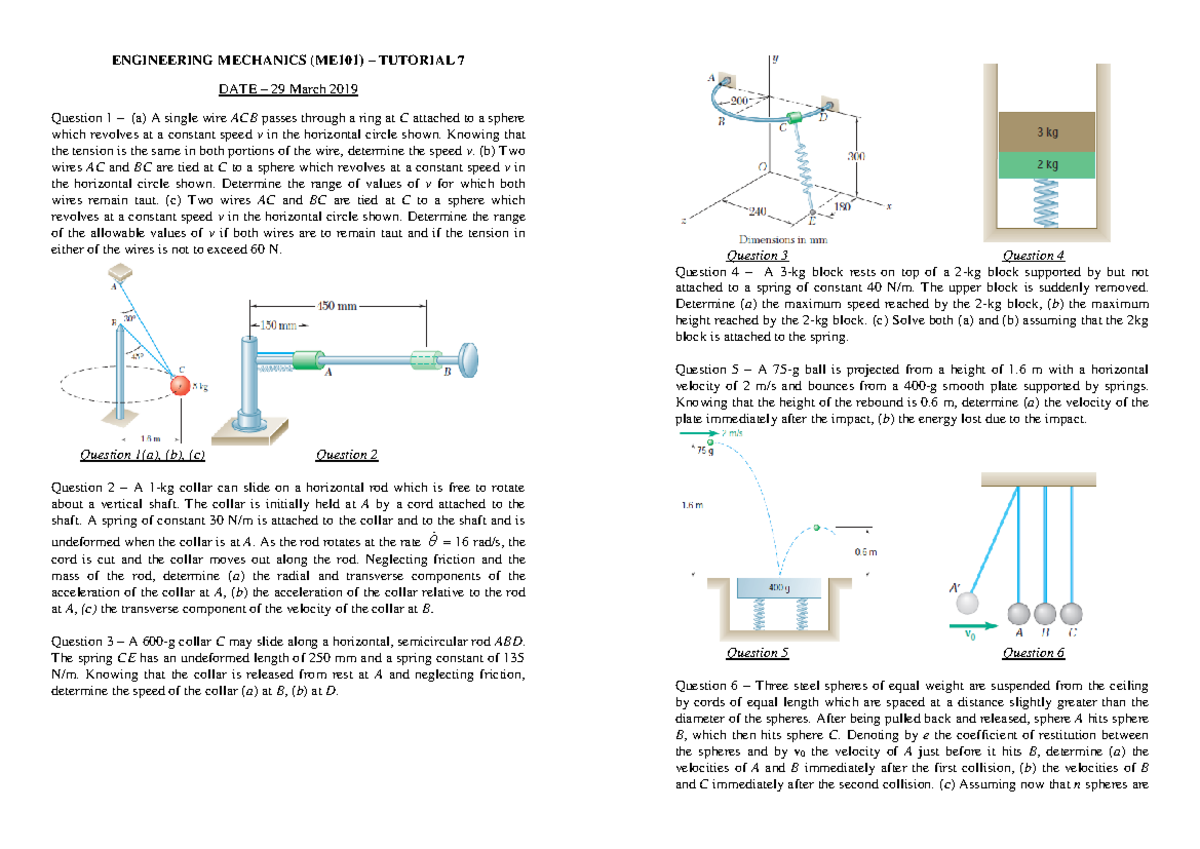 Tutorial 7-Div1A2A2B3B - ENGINEERING MECHANICS (ME101) TUTORIAL 7 DATE ...